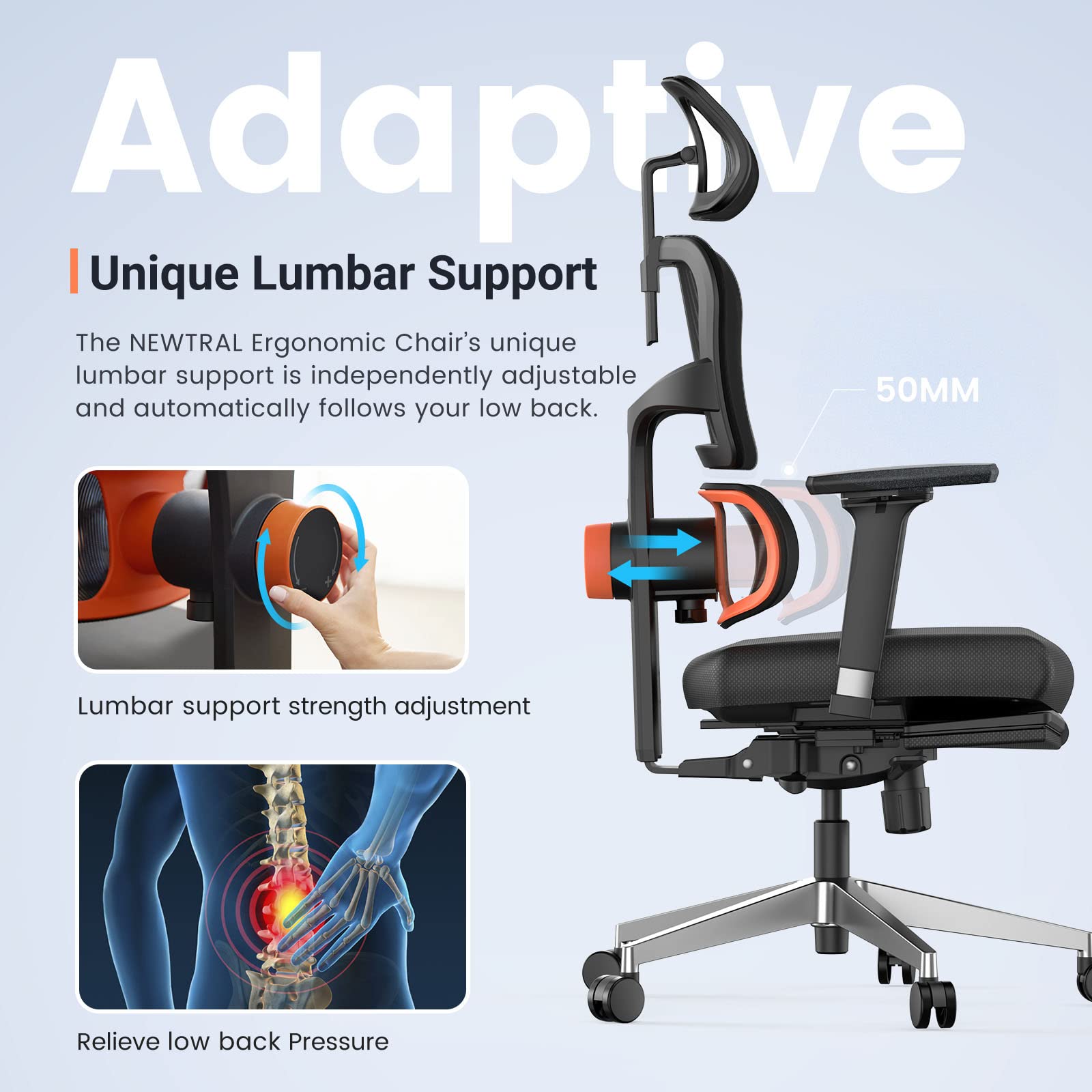 Newtral Ofiice Chair Ergonomic with Footrest -High Back Desk Chair with Fully Adaptive Lumbar Support, Adjustable Headrest, 4D Armrest, Tilt Lock, Task Chair for Office and Home