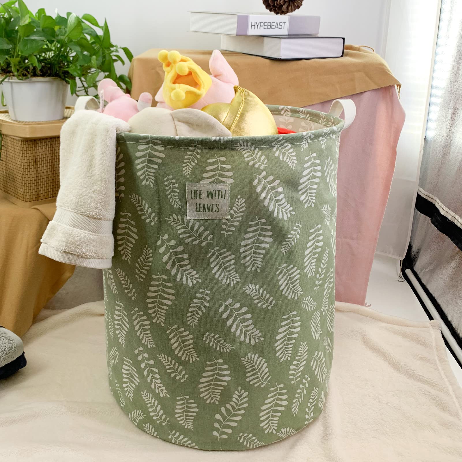 Mziart Large Foldable Laundry Basket Organizer, Collapsible Laundry Hamper Fabric Clothes Toy Storage Basket Nursery Hamper Storage Bin for Household Bedroom, Bathroom, College Dorm (Small White Leaf)