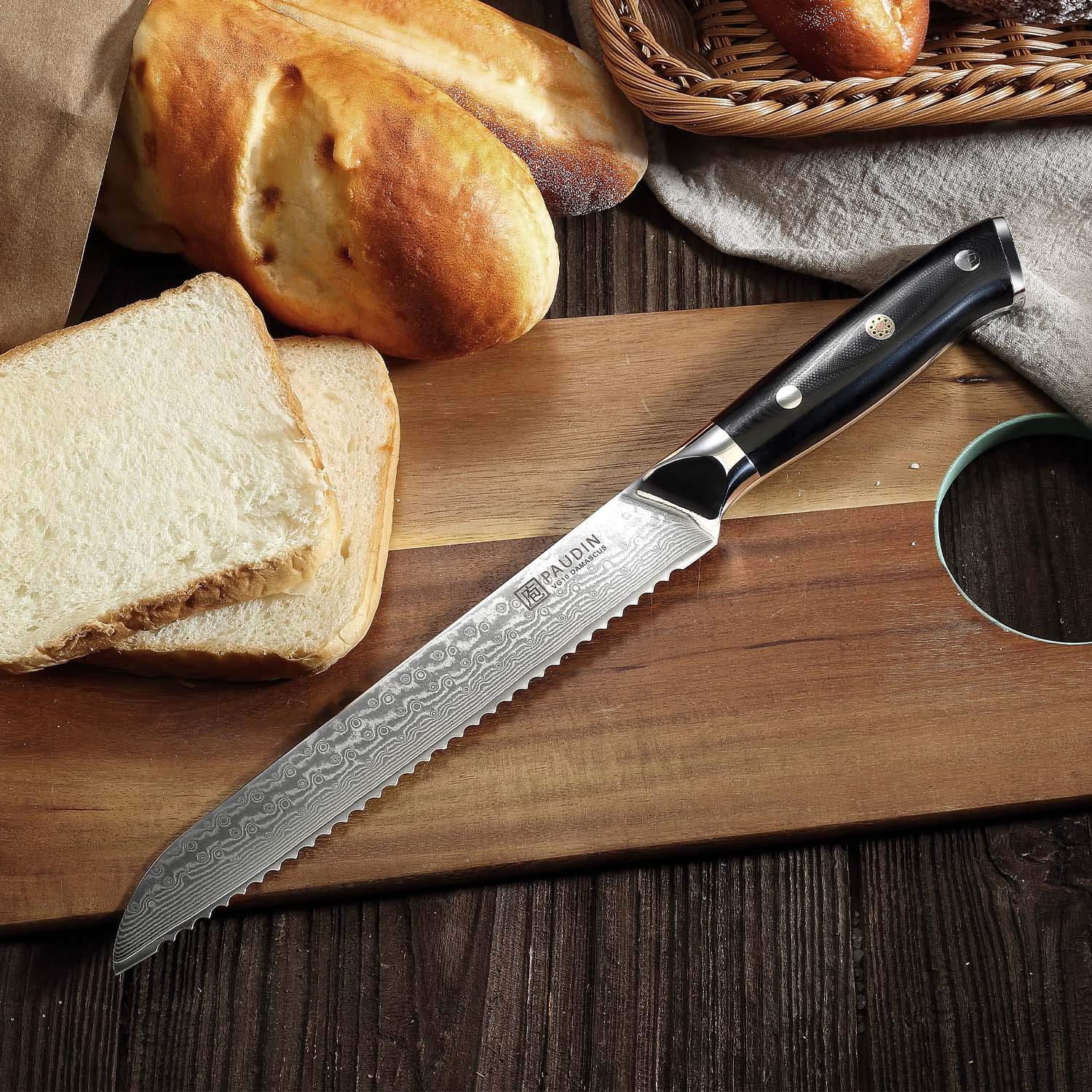 PAUDIN Bread Knife Serrated Damascus Bread Knife 8 inch,Super Sharp Edge and 67-Layer Forged Blade, Professional Bread Knife with Full Tang Ergonomic Micarta Handle, VG-10 Cake Knife for Toast