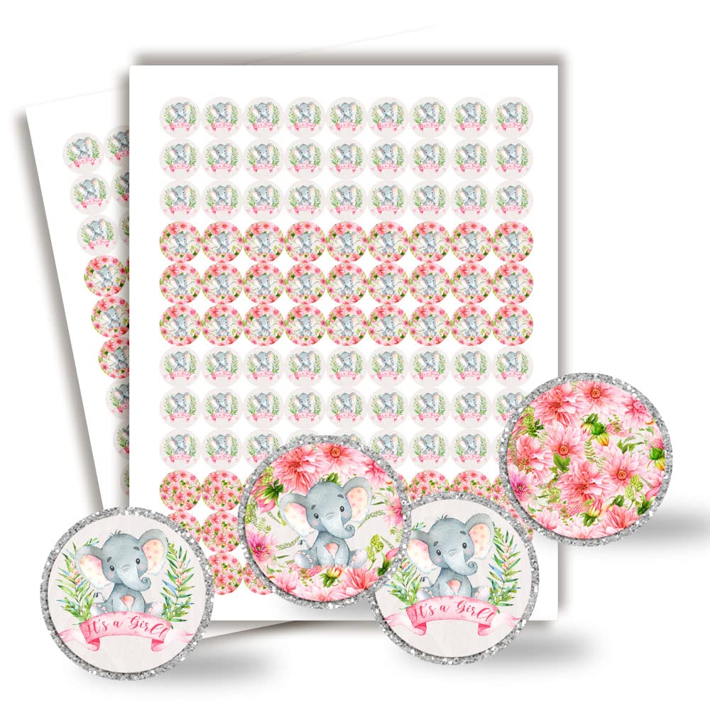 Watercolor Dahlia Floral Elephant Girl Baby Sprinkle Baby Shower Kiss Sticker Labels, 300 0.75" Circle Stickers for Chocolate Kisses by Amanda Creation, Great for Favors, Treats, Envelopes & Bags