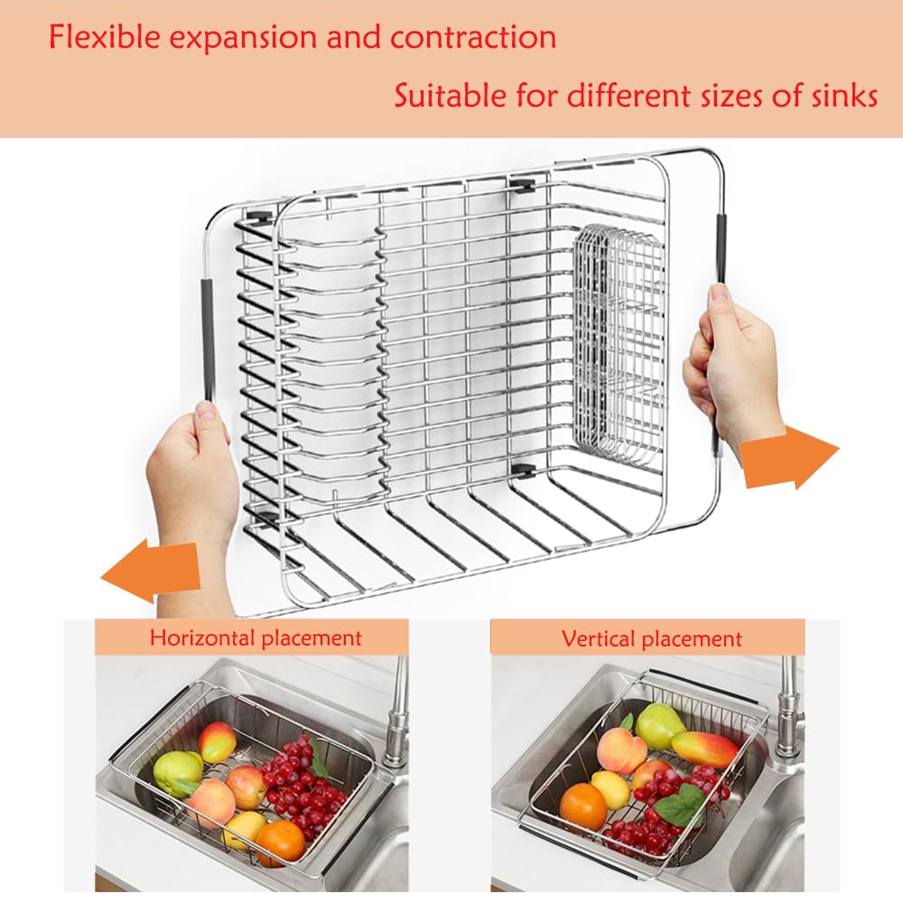 NiuYichee Expandable Dish Drying Rack, Drainage Rack Over Sink, Stainless Steel Dish Drainer Rack Organizer in Sink, Dish Drainer Basket Shelf on Counter, with Stainless Steel Utensil Holder