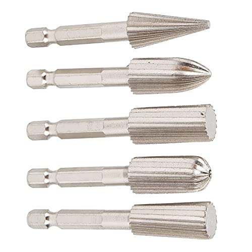 Wisoqu 5Pcs Rotary File Cutting Burrs,14in Hex Shank Double Cut Metal Grinder Drill Bit Set High Speed Steel Rotary File Set,for Carving Polishing
