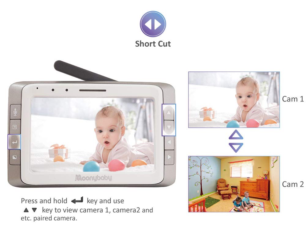 MoonyBaby Trust 50 Baby Monitor No WiFi, 15 Hours Long Battery Life, 1000ft Long Range, 5" Display, Auto Night Vision, 2-way Audio, Temperature Sensor, Lullabies, Power Saving/Voice Activation, Silver