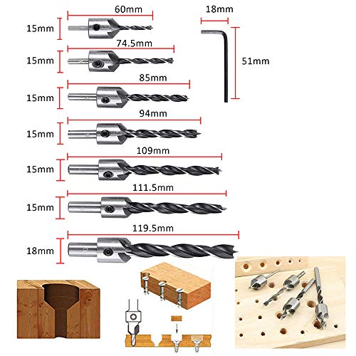YEEZUGO 23-Pack Woodworking Chamfer Countersink Drill Bit, 6pcs 1/4" Hex 5 Flute 90 Degree Countersink Drill Bits, 7pcs Three Pointed Countersink Drill Bit, 8PCS Wood Plug Cutter, and Automatic