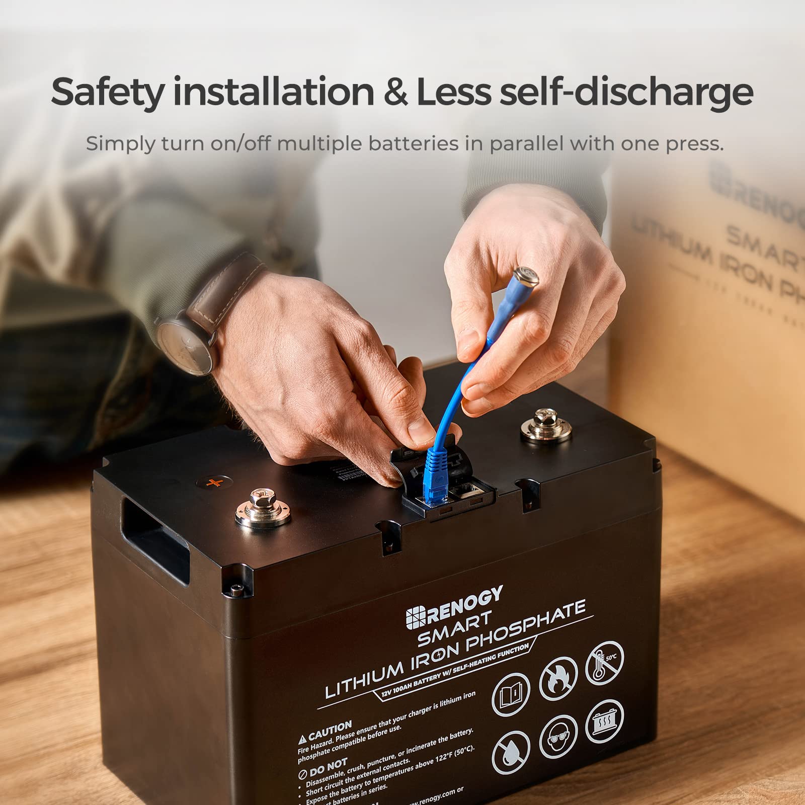 Renogy Smart Lithium-Iron Phosphate Battery 12V 100Ah w/Self-Heating Function,4000+Deep Cycles,Built-in BMS,Backup Power Perfect for RV,Solar,Marine,Off-Grid System