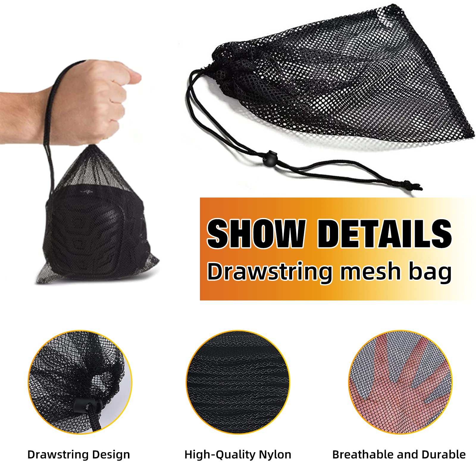 Miuion 10 Pieces Durable Nylon Mesh Bag with Sliding Drawstring Cord Lock Closure,Large Black Mesh Bag for Golf Tennis Balls,Gym,Shower,Washing Toys,Swimming,Beach,12×7.5 Inch