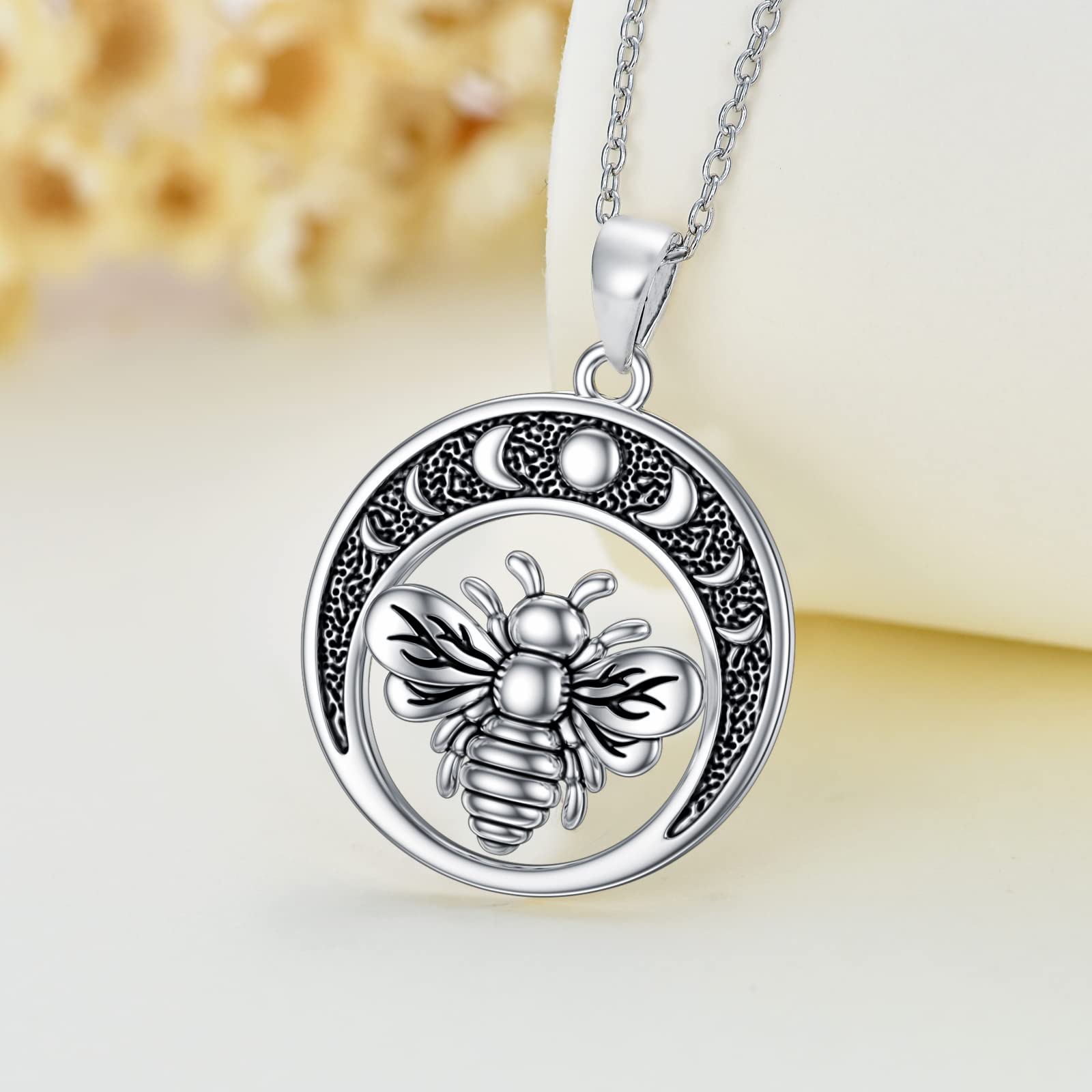 PLATYCO Bee Necklace 925 Sterling Silver Moon Phase Bee Pendant Necklace Bee Jewelry Gift for Women