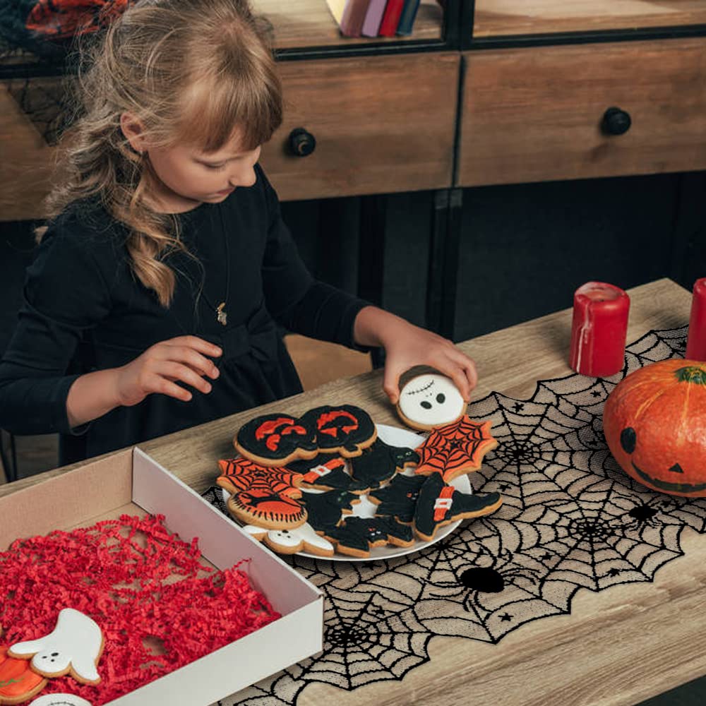 Nialnant Halloween Decoration Table Runner with 12 Pack 3D Bats, Spider Web Black Lace Table Runner for Kitchen Dinner Table, Halloween Party Decoration Indoor - 13 x 72 Inch