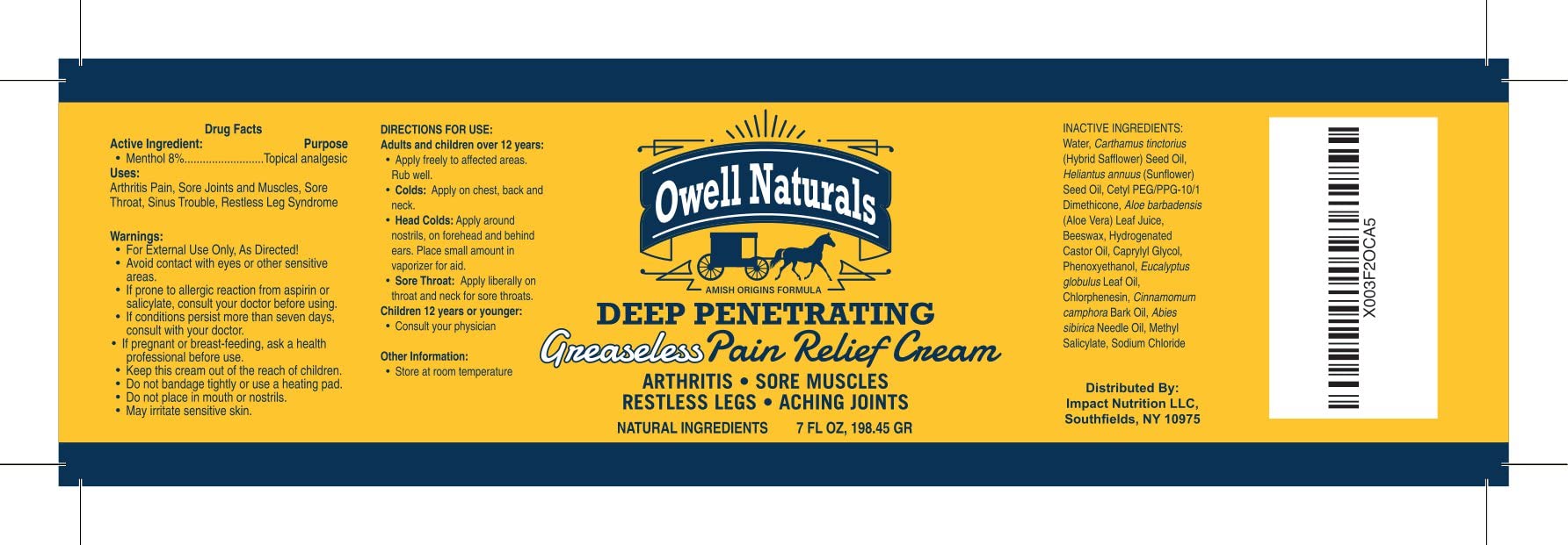 OWELL NATURALS Arthritis Pain Relief Cream - 14oz - Maximum Strength All Natural Discomfort Reliever for Joint, Muscle, Knee, Back, Neuropathy - 11 Powerful Ingredients