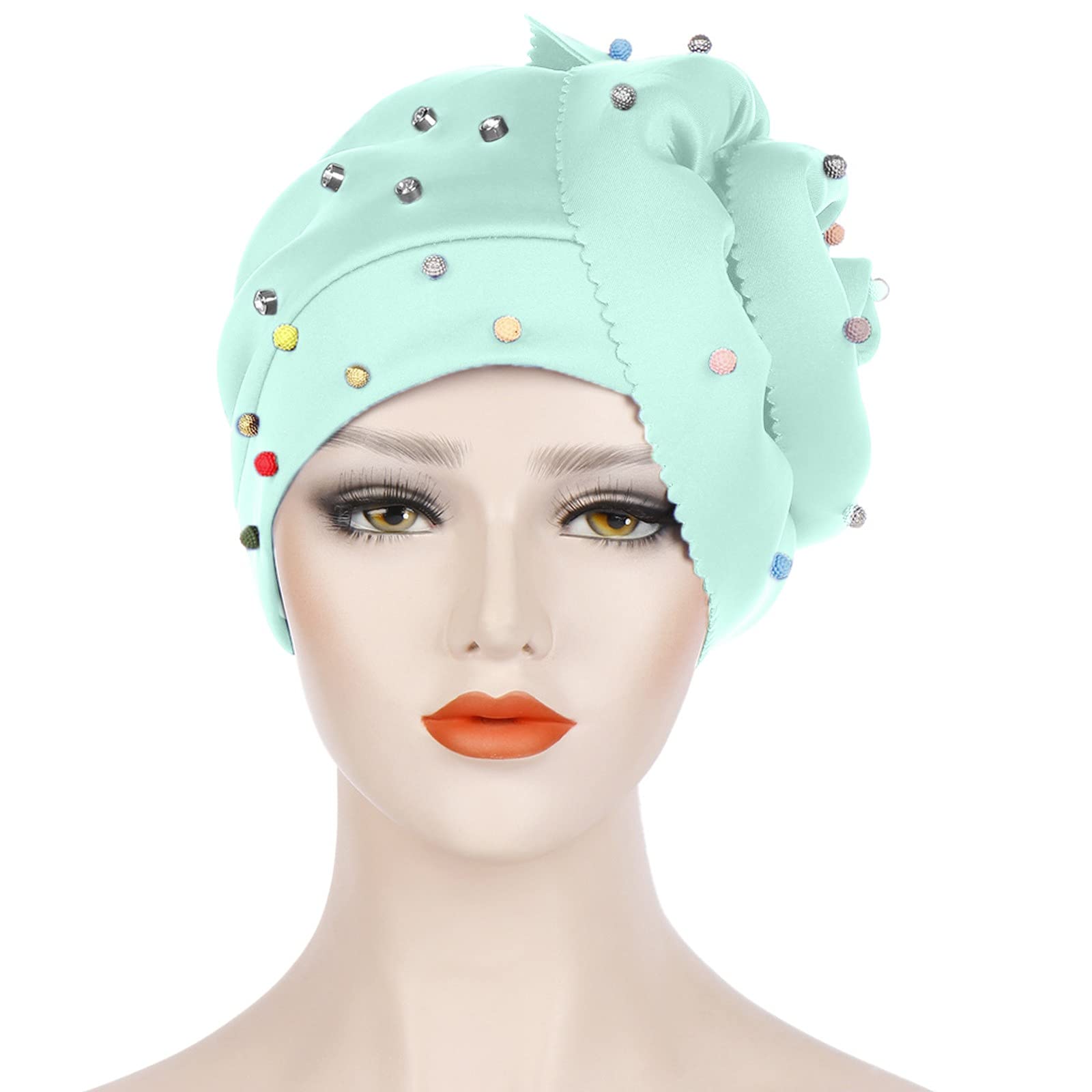 MACTHPK Hair Turban for Women Toe Solid Candy Hat Flower Space Cotton Color Muslim Beaded Cap Hijab Womens Cap (Green, One Size)