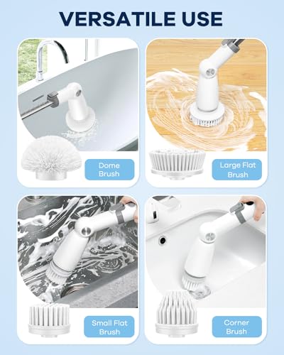MABOGU Electric Spin Scrubber, Cordless Shower Scrubber with 8 Replaceable Brush Heads, Bathroom Scrubber Electric Dual Speeds, Shower Cleaning Brush with Extension Arm for Tub Tile Floor(Grey&White)