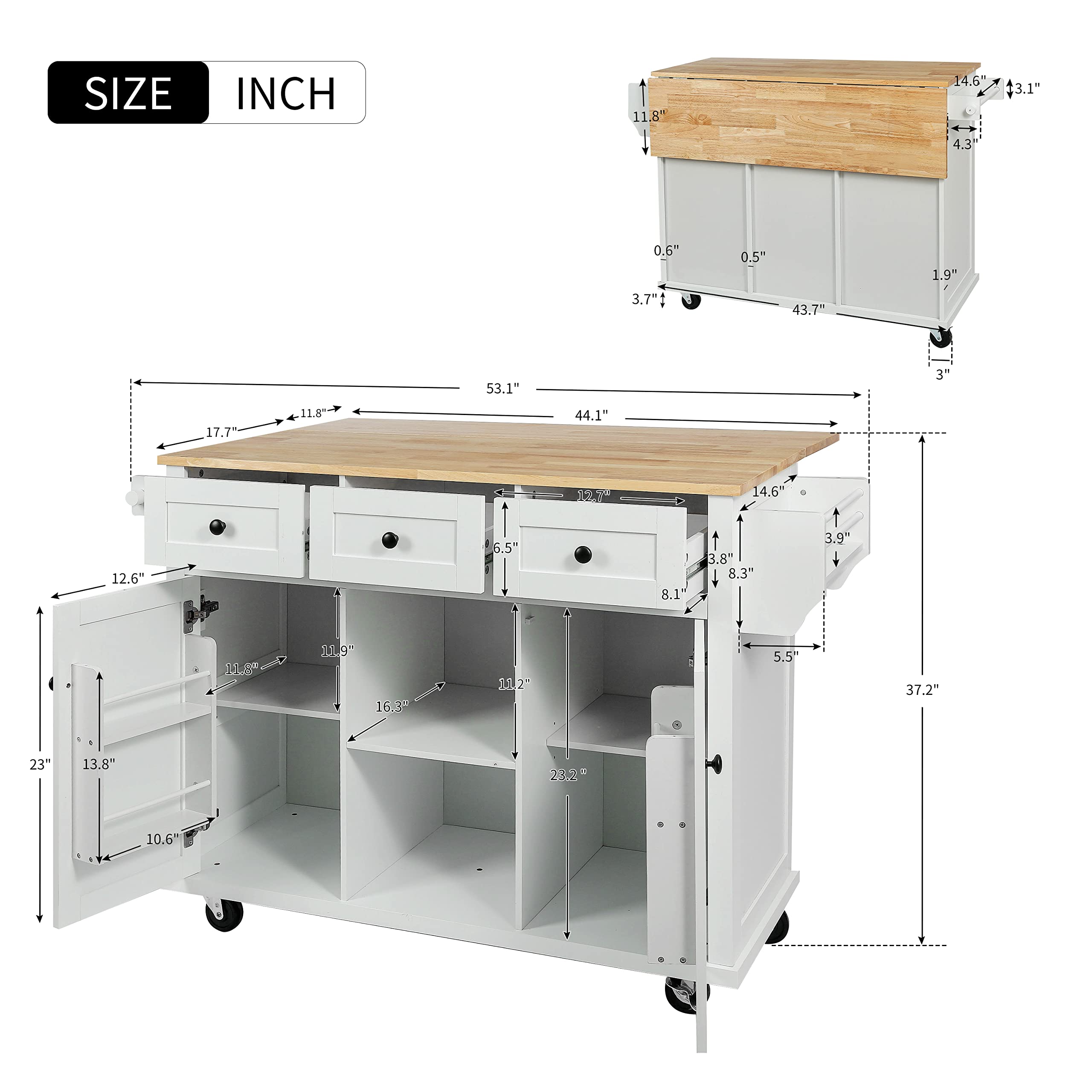 MACHOME Mobile Kitchen Cart Island Table on Wheels with Storage Cabinet, Rolling Kitchen Island Cart with 4 Door Cabinet and Two Drawers, Solid Wood Top Coffee Bar for Dining Room, White