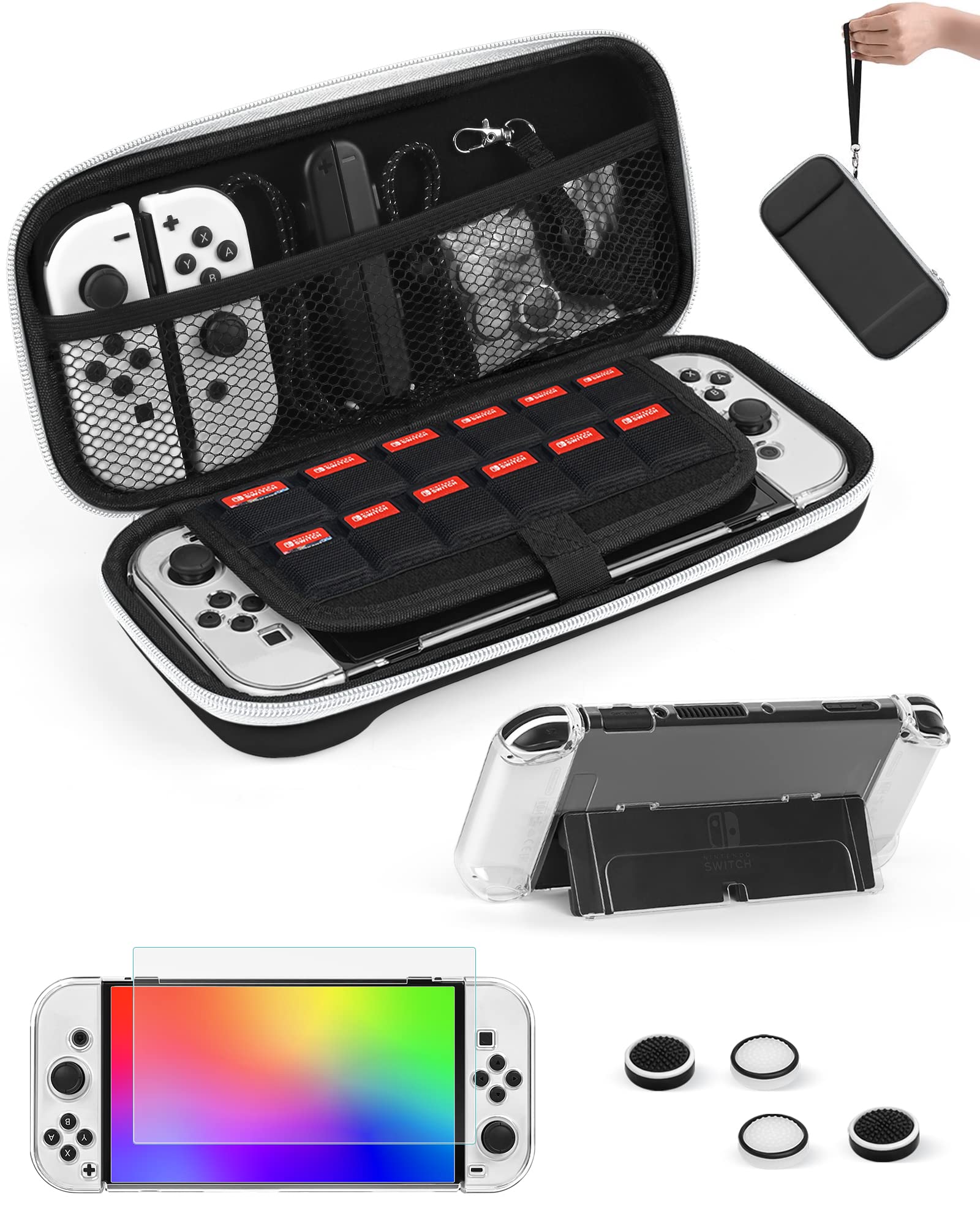 RTTACRTT Carrying Case for Nintendo Switch OLED, Hard Shell Travel Carrying Case for Nintendo Switch with Case, HD Screen Protector, Stand, Thumb Grips