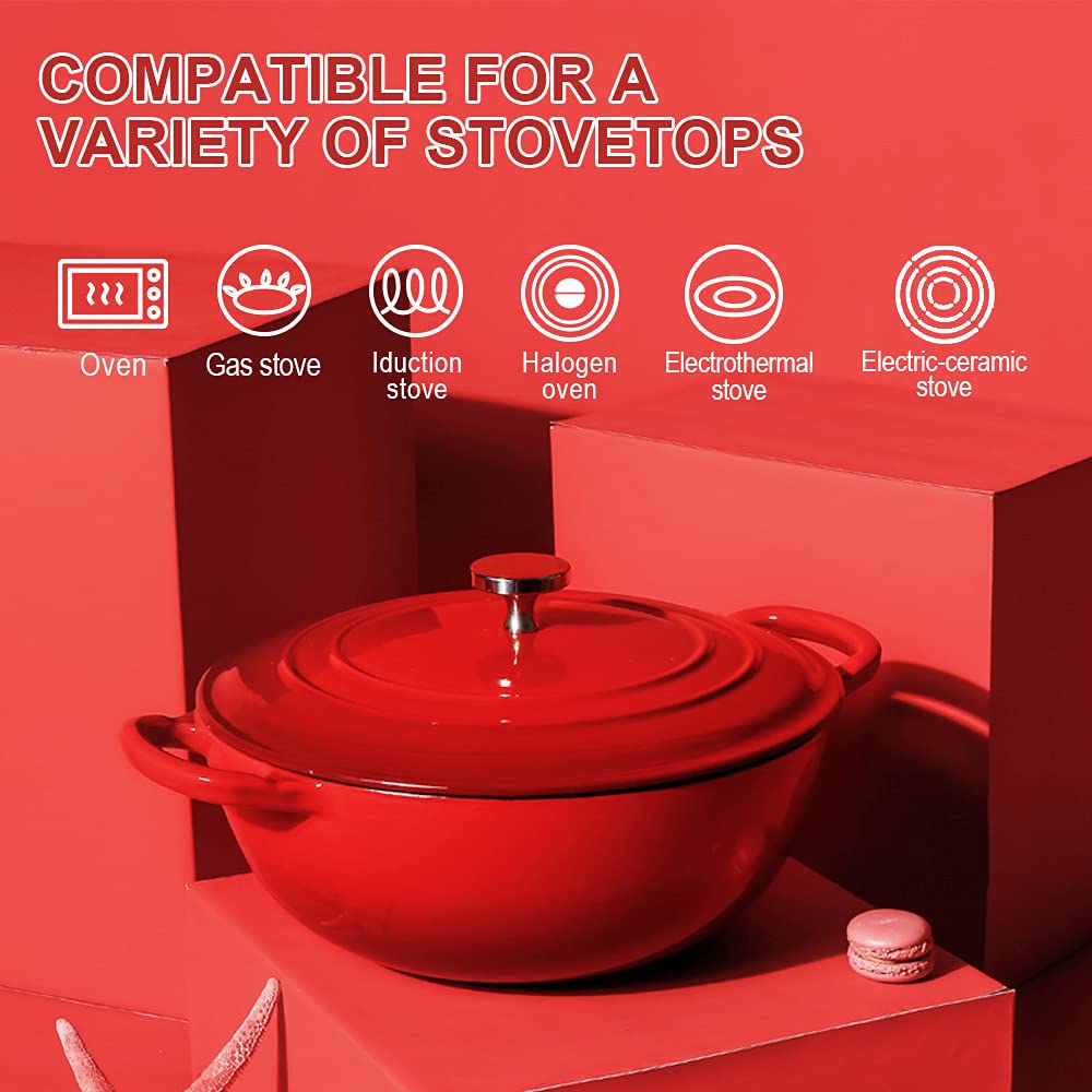 M-COOKER 4.5 Quart Enameled Dutch Oven Pot with Lid, Covered Dutch Oven with Creamy Porcelain Coating for Baking, Frying,Stewing, Roasting, Oven Safe up to 500℉ (Cherry)