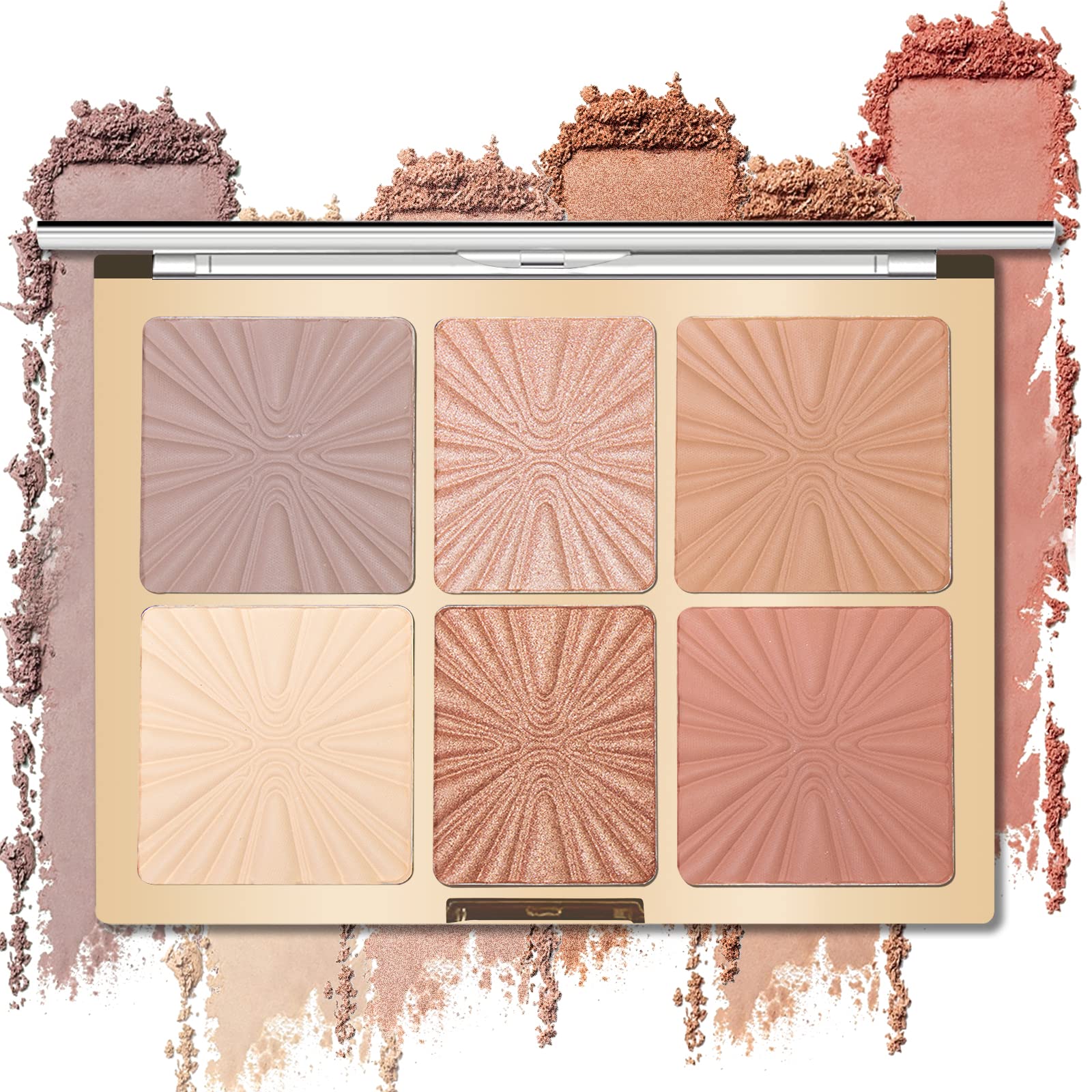 NewBang 6 Colors Blush Highlighter Makeup Palette,Bronzer Powder Matte Shimmer Metallic Finish,Face Blusher Contour Highlight Glitter Waterproof & Long Lasting Bling Natural Sparkle for Woman