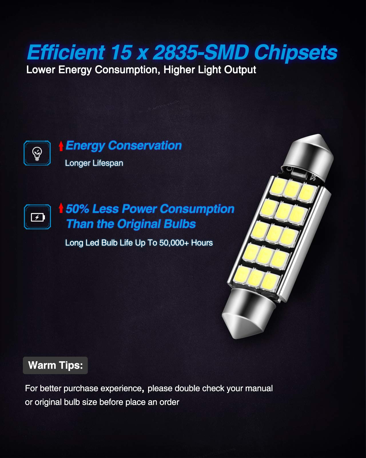 Marsauto 578 LED Bulbs Extremely Bright 400LM 2835 Chipsets for LED Interior Dome Map Door Lights Bulbs 211-2 212-2 569 6411 6451 41mm 42mm 1.65inch 6500K White (Pack of 4)