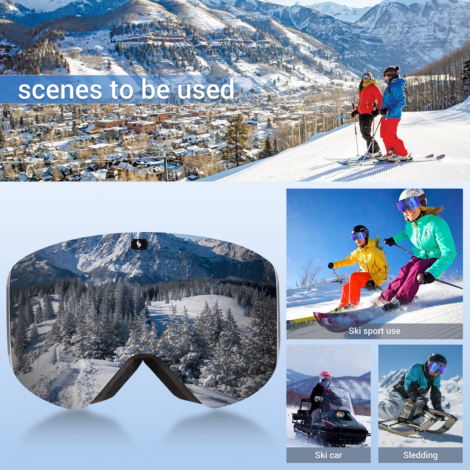 Ski Goggles, OTG Snowboard Goggles, Magnetic Interchangeable Lens,Anti-Fog 100% UV Protection Goggles for Men & Women(Black), Black, One Size