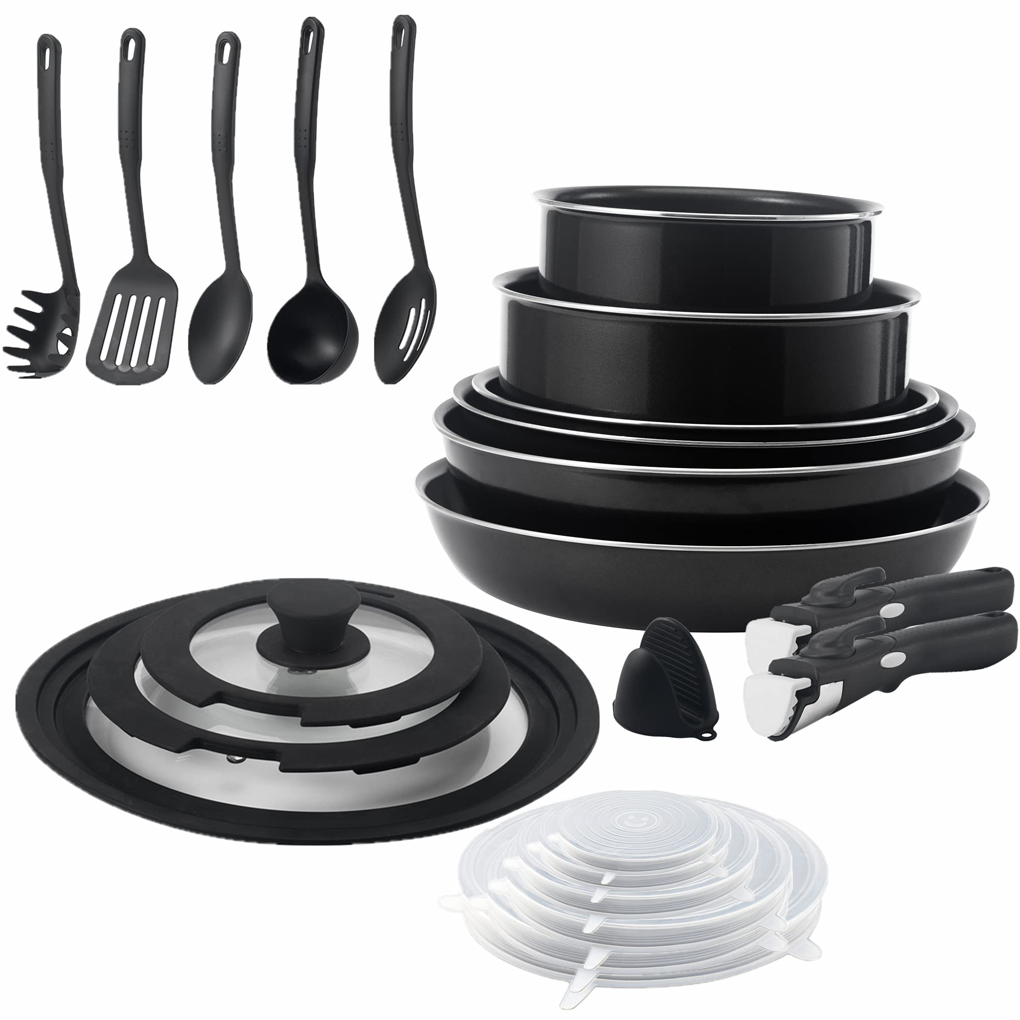 lzteck 23 Pieces Non-Stick Cookware Set,Stackable Pans and Pots Set with Removable Handles, Space Efficient for RVs and Camping,Oven,Induction,Gas,Electric & Stovetops,Dishwasher Safe