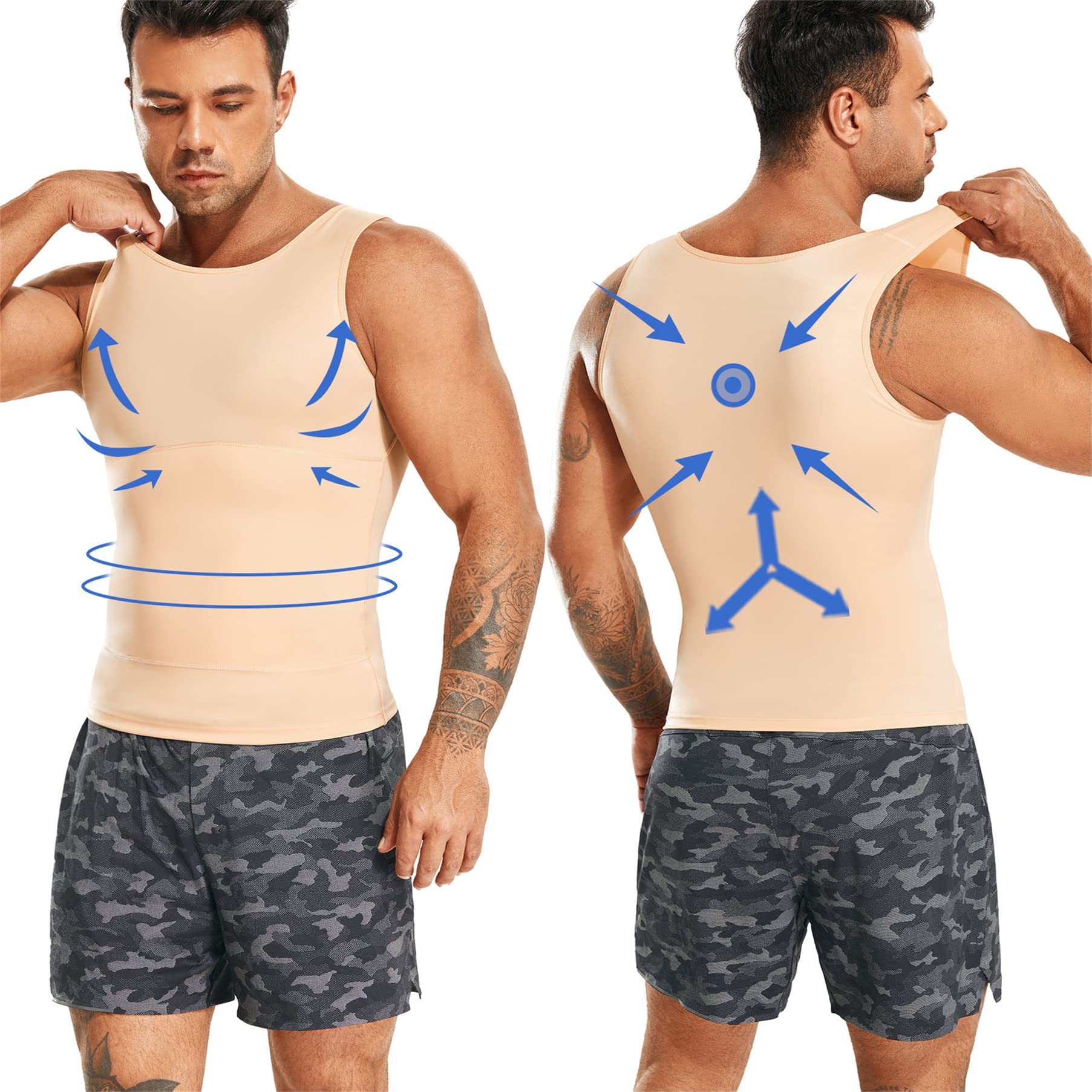 Mens Compression Shirt Slimming Body Shaper Vest Workout Tank Tops Abs Abdomen Undershirts (Beige, L)