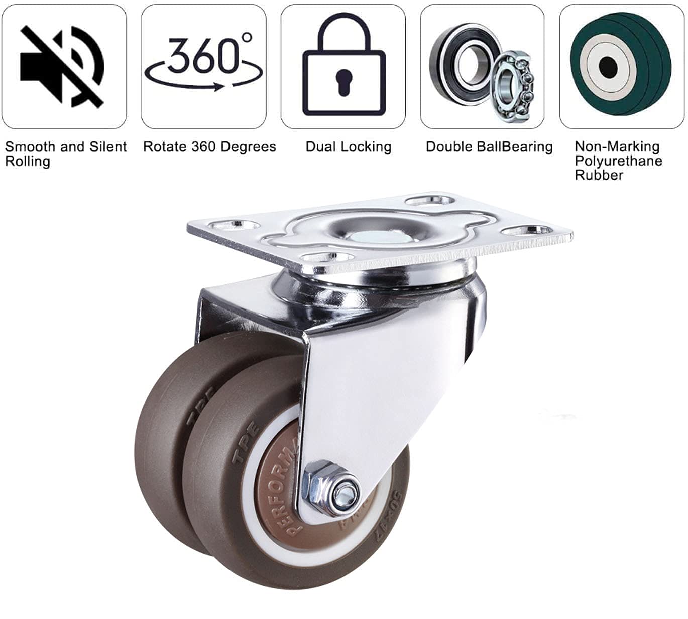 NERILEE 2'' Swivel Casters Wheels,Total Load 500Lbs Heavy Duty Double Row TPE Rubber Castors Wheels,Dolly Wheels for Moving Silent Furniture/Table/Trolley/Workbench