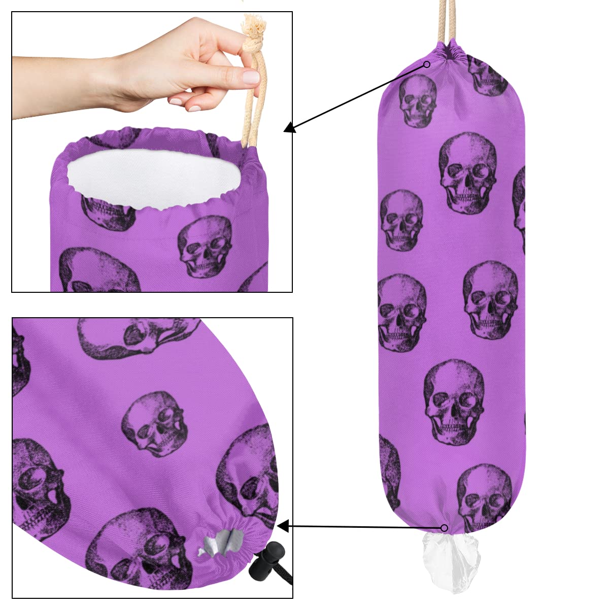 Skull Purple Plastic Bag Holder Cute Wall Mount Plastic Bag Organizer Reusable Large Grocery Bag Storage Dispenser for Home Kitchen Travelling 22"x9"