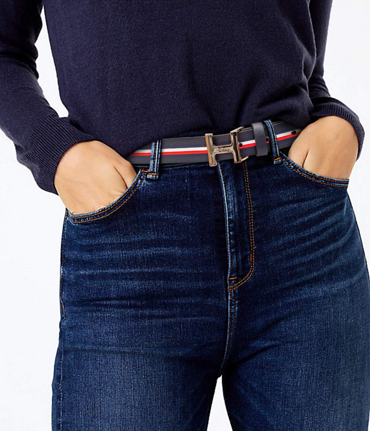 Tommy Hilfiger Women's Striped Ribbon Womens Belt Accessory, -Navy, Large