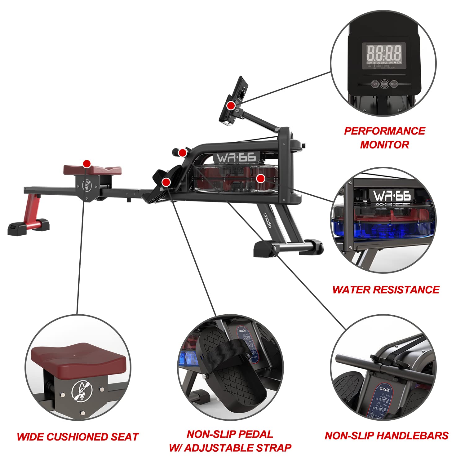 SNODE Water Rowing Machine with Bluetooth APP, Rower for Home Use, Heavy Duty Frame with 300Lbs Weight Capacity, Support Paddling and Dragon Boat Rowing