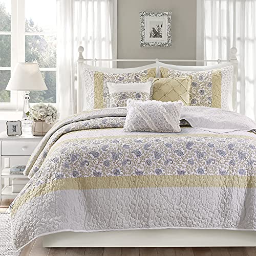 Madison Park 100% Cotton Quilt Set Floral Print, Double Sided Stitching, All Season, Lightweight Coverlet Shabby Chic Bedding Layer, Matching Shams, Full/Queen, Yellow 6 Piece