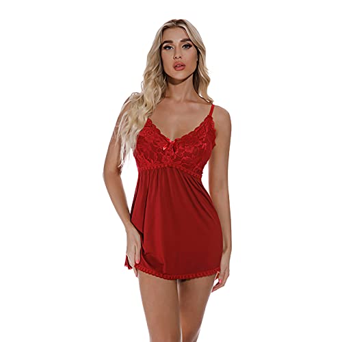 wodceeke Women One Pieces Lingerie Lace Chemise Sleepwear Babydoll Teddy Lingerie Sexy Loose Nightdress (Red, XL)