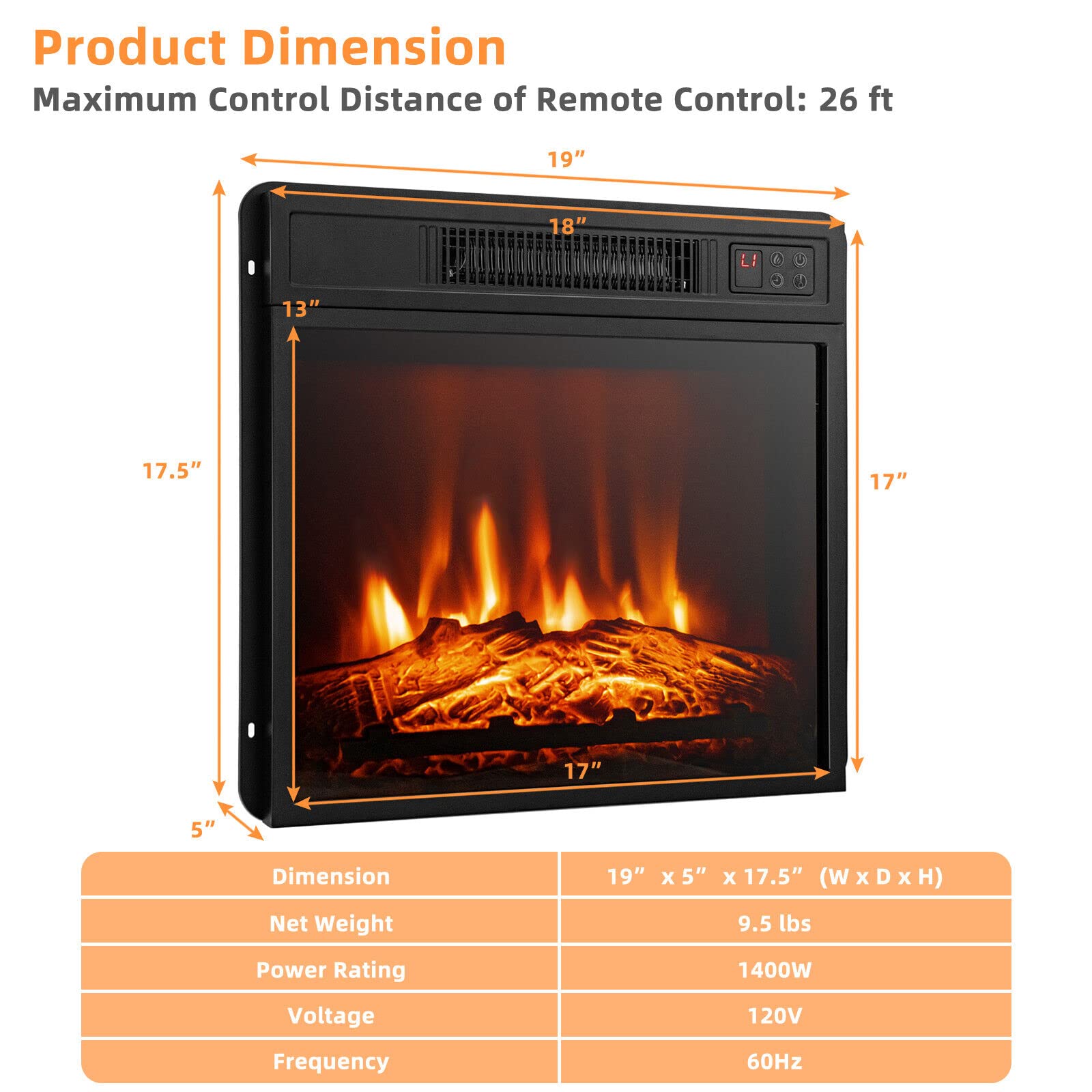 Nightcore 18ββ Electric Fireplace Insert, Electric Heater with Adjustable LED Flame, Remote Control, Safer Plug and Sensor, 1400W Electric Stove Fireplace Iinsert, 1400W