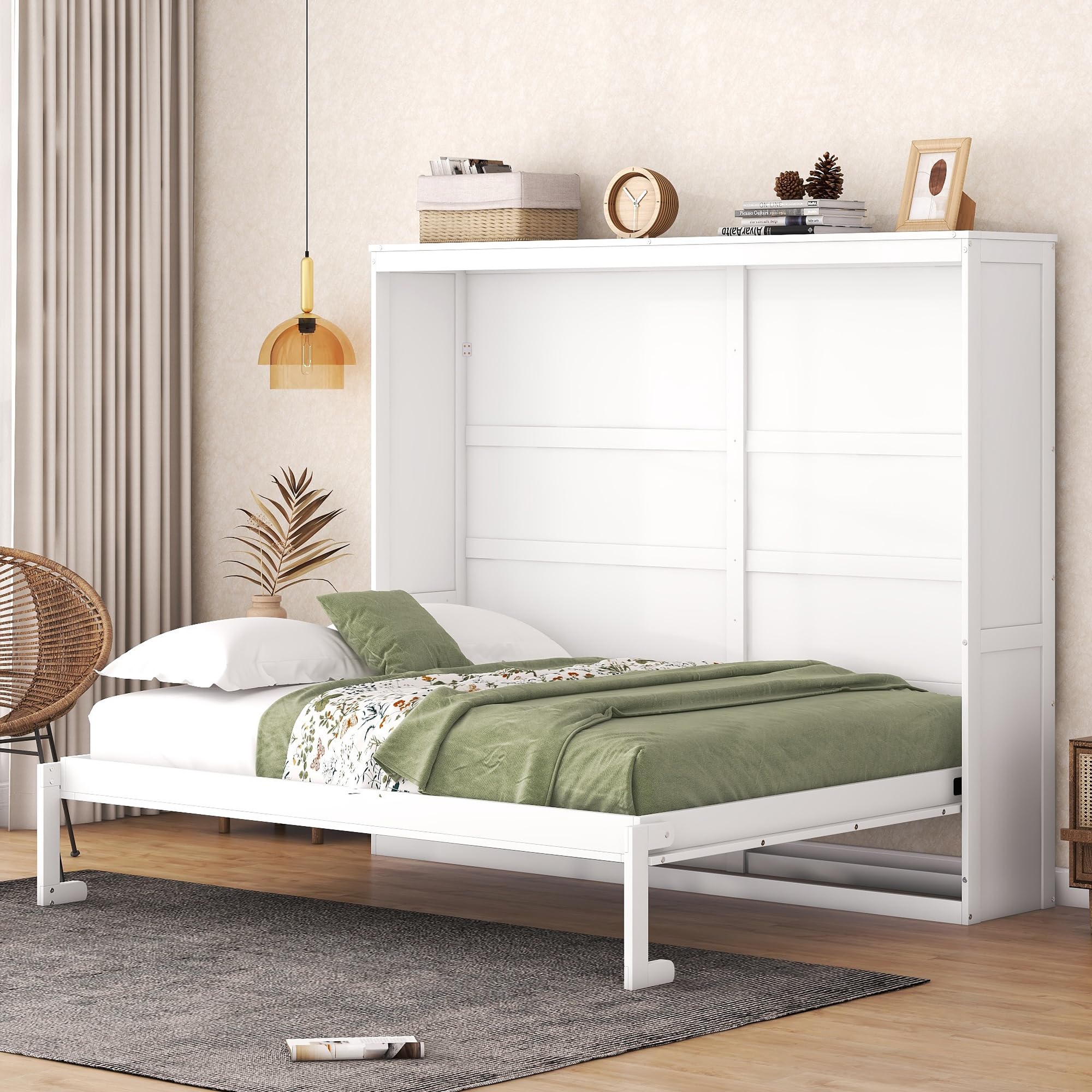 LuxyHoom Murphy Bed Queen, Queen Size Murphy Bed Cabinet, Wall Bed, Wood Hideaway Folding Beds for Platform Bedroom, Guest Room, Studio or Home Office, White