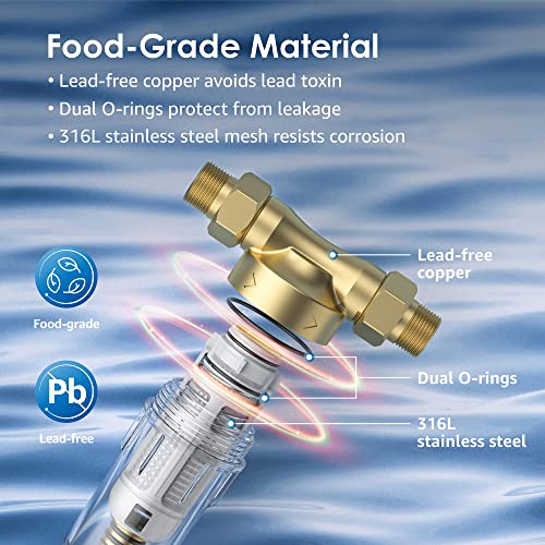 Waterdrop Spin Down Sediment Filter, Backwash Whole House Water Filter System for Well Water, 40-50 Micron, 1" MNPT + 3/4" FNPT + 3/4"MNPT, Traps Sand, BPA Free, WD-RPFK