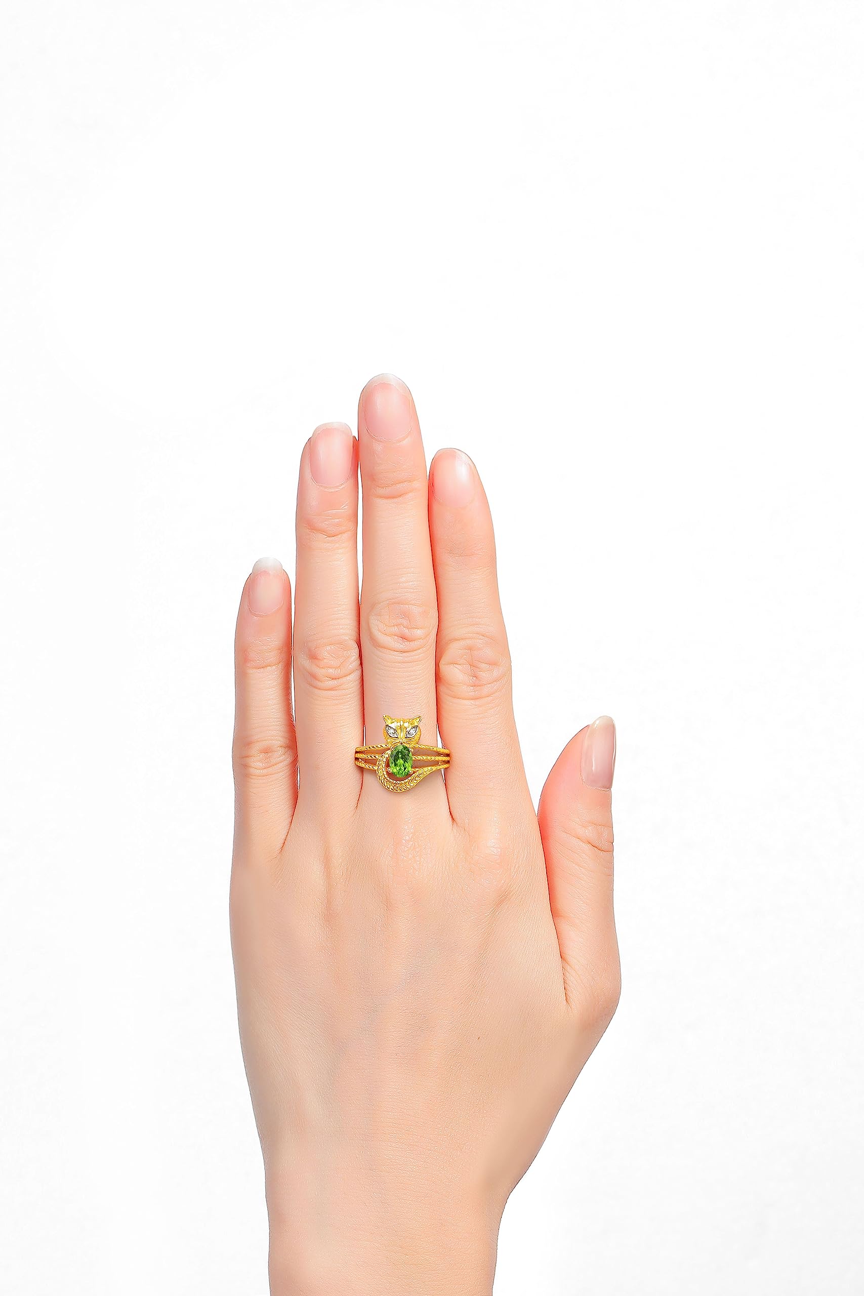 Rylos Rings for Women 14K Gold Plated Silver CAT Ring 7X5MM Oval Gemstone & Sparkling Diamonds August Peridot Jewelry Size 8