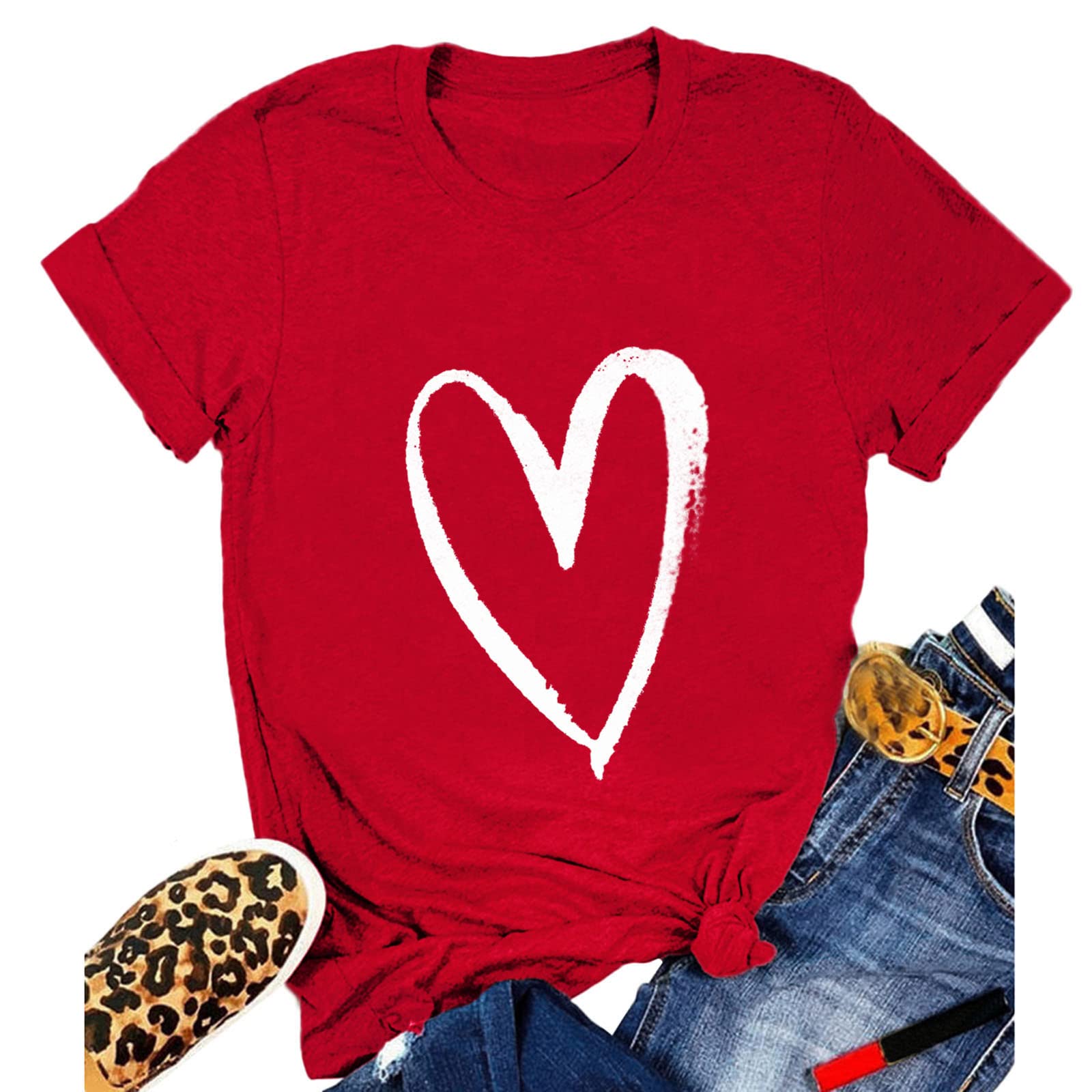 Womens Running Shirts Loose Fit Womens Sleeve Bleached Love Tee Day Shirt Short Blouse Print Valentine T Tops Women's,Comprar Devoluciones Red-b