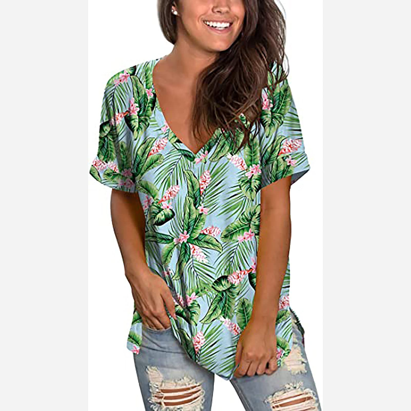 wodceeke Women's Top Short-Sleeved V-Neck Camouflage T-Shirt Casual Loose Summer Tee Sports Top (Green, L)