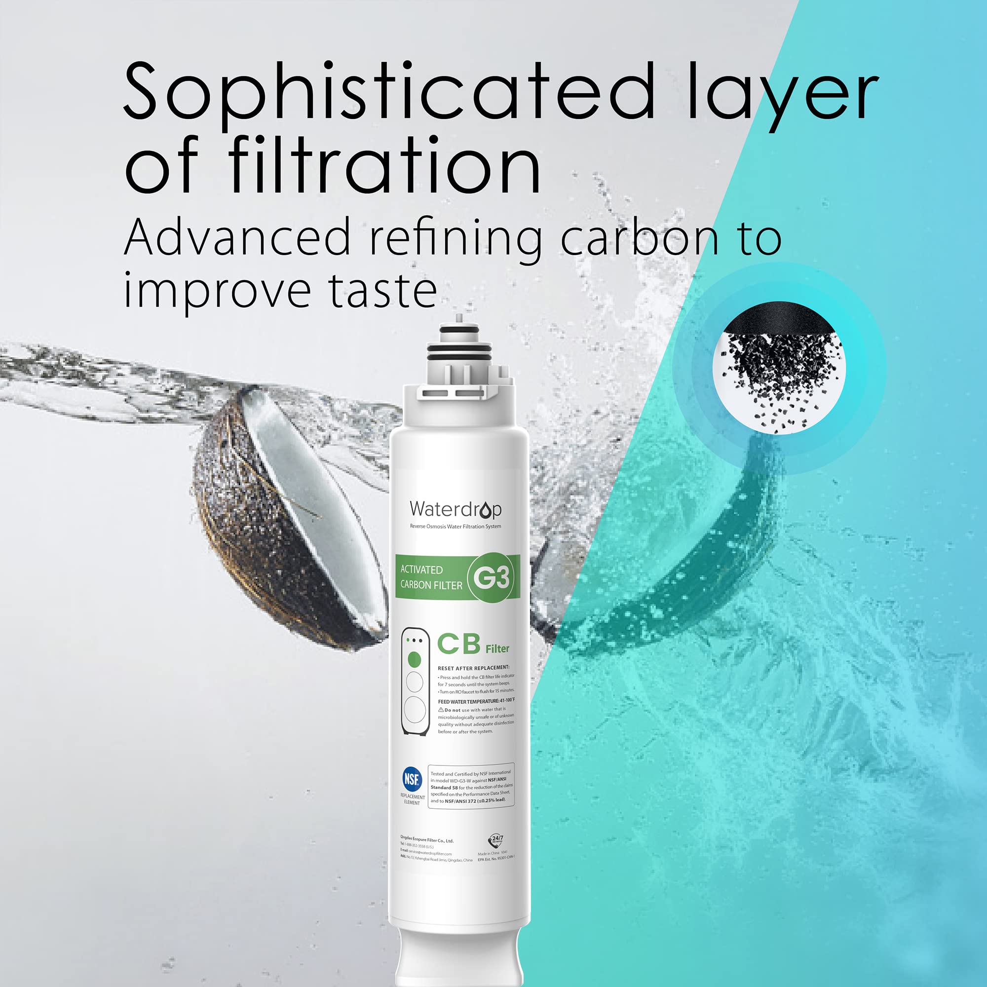 Waterdrop G3P800 Reverse Osmosis System with WD-G3-2CFCB Filter, 800 GPD Fast Flow, NSF/ANSI 42 & 58 & 372 Certified, 3:1 Pure to Drain