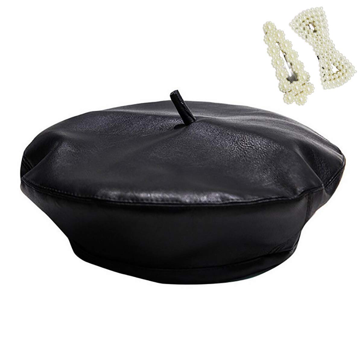MINGSEECESS Women PU Leather French Black Beret Hat Causal Beanie Hat