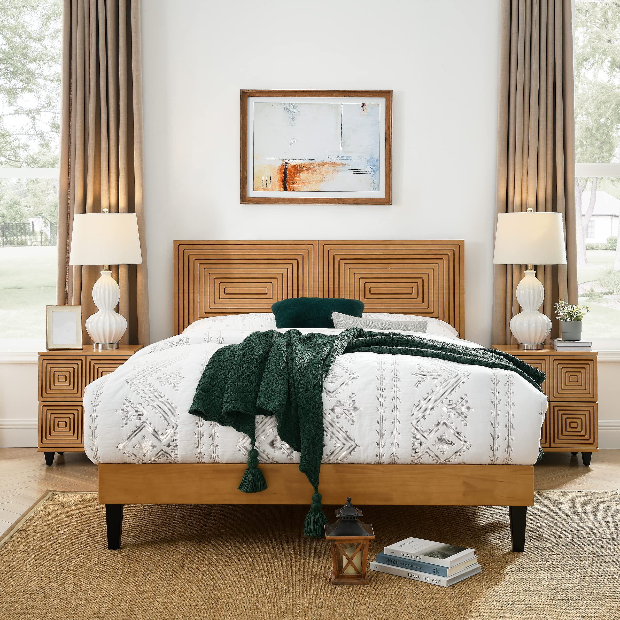 MUSEHOMEINC Mid Century Modern Solid Wood Platform Bed,Full Size Bed Frame with Adjustable Height Headboard, Wood Slat Support Bed Frame, Bed Frame No Box Spring Needed