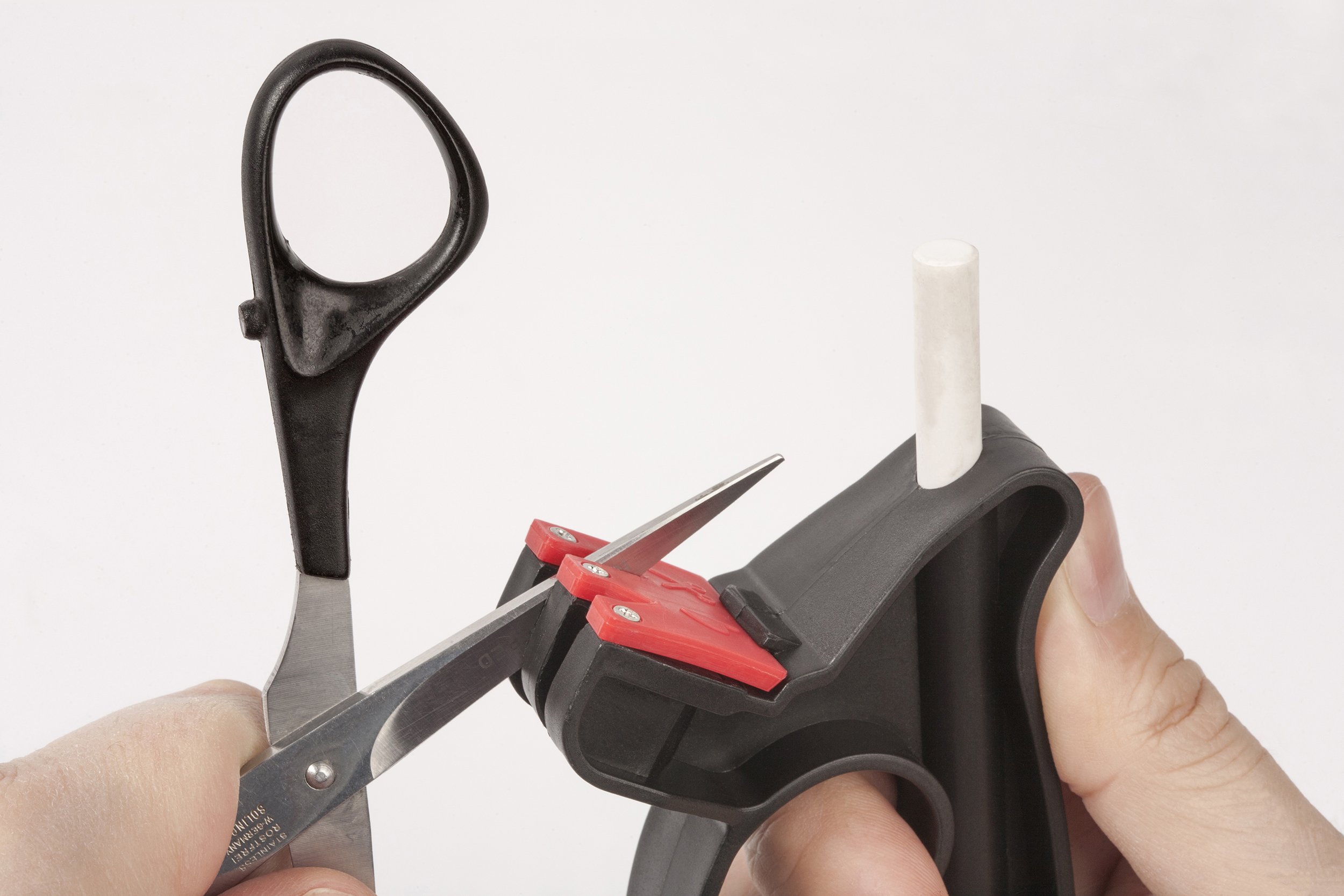 Manual Knife Sharpener with Comfortable Ergonomic Handle, Has Separate Tungsten Carbide Blades for Knives & Scissors & Extendable Ceramic Rod for Serrated & Specialty Knives, Black & Red by Vokram