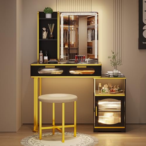 LVSOMT Vanity Desk with Mirror and Lights for Girls Gift, Small Makeup Vanity with Voice Activation & Wireless Charging, Dressing Table with Lighting Mirror for Bedroom, Children's Room(Matt Black)