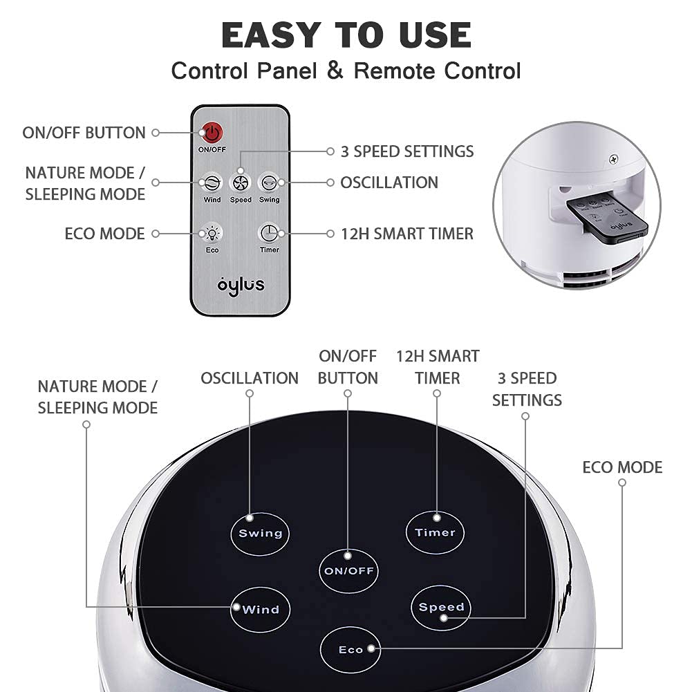 OYLUS 48’’ Tower Fan Portable With Remote Control Oscillating Quiet, 3 Speed Settings Nature & Sleeping Mode 12H Timer for Rooms, Office, White
