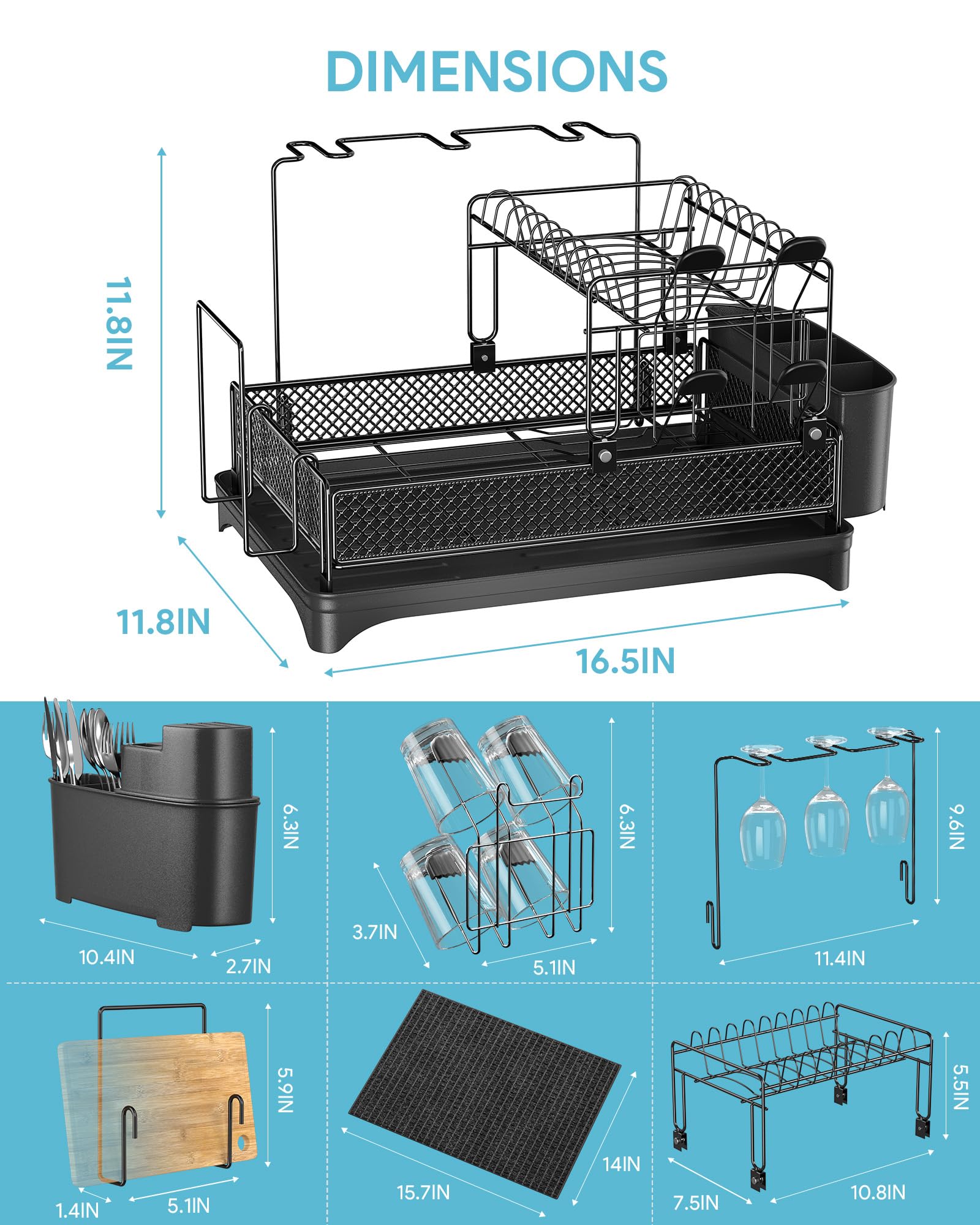 Lvtrupc Dish Drying Rack - Large-Capacity Dish Rack for Kitchen Counter, Stainless Steel Dish Drainer, 2-Tier Kitchen Dish Drying Rack for Dishes, Cutlery and Wine Glasses with Extra Dryer Mat