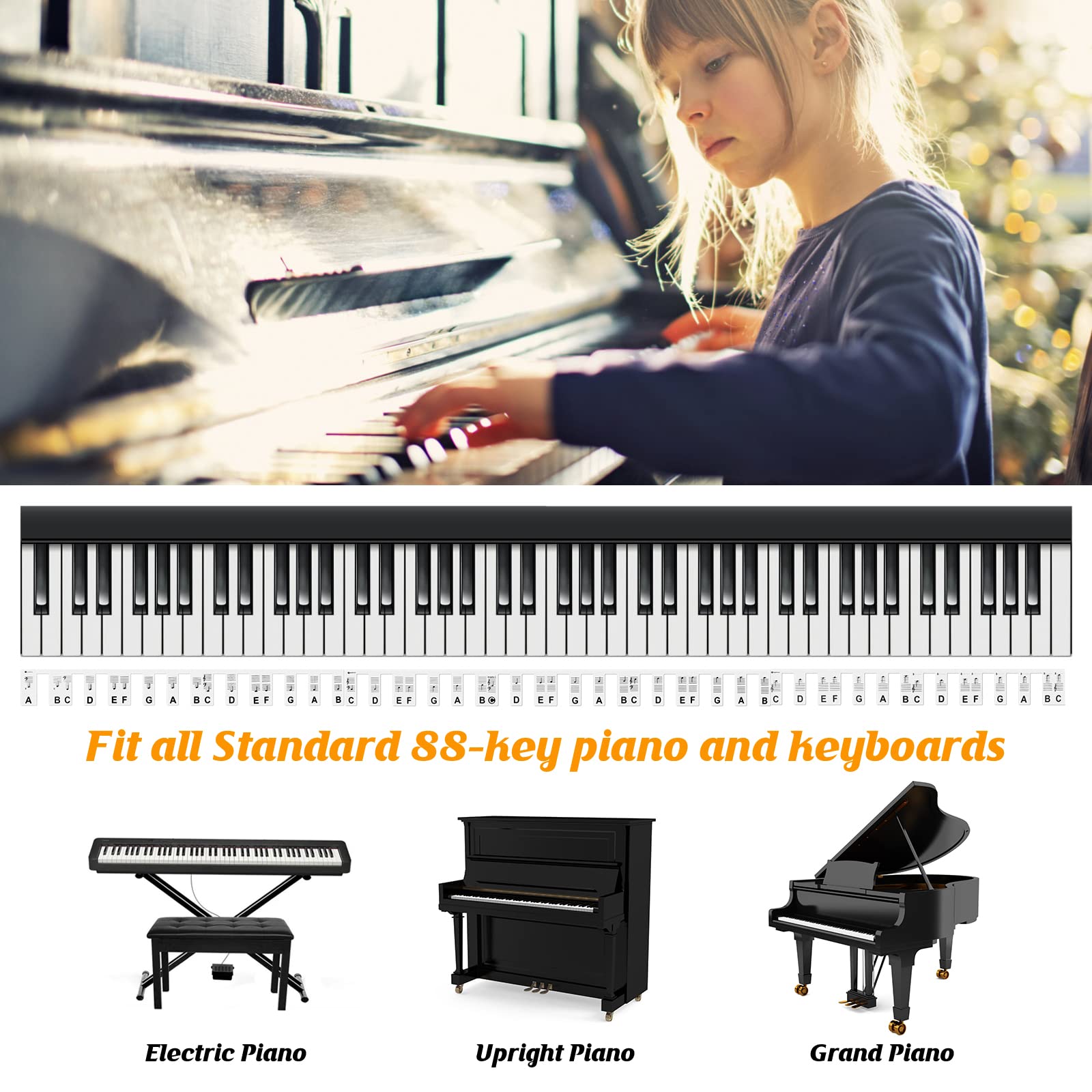 WOOCAI Piano Keyboard Note Labels Removable - 88-Key Full Size Silicone Piano Key Stickers Guide for Beginners Reusable Comes with Box (Colorful)