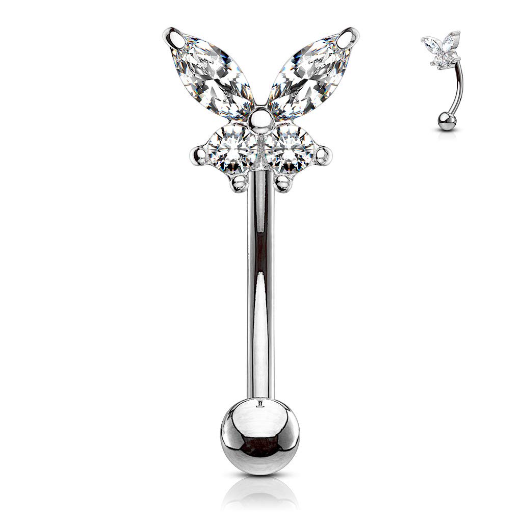MoBody 16G CZ Jeweled Butterfly Top Curved Eyebrow Barbell Surgical Steel Body Piercing Eyebrow Ring (Clear)