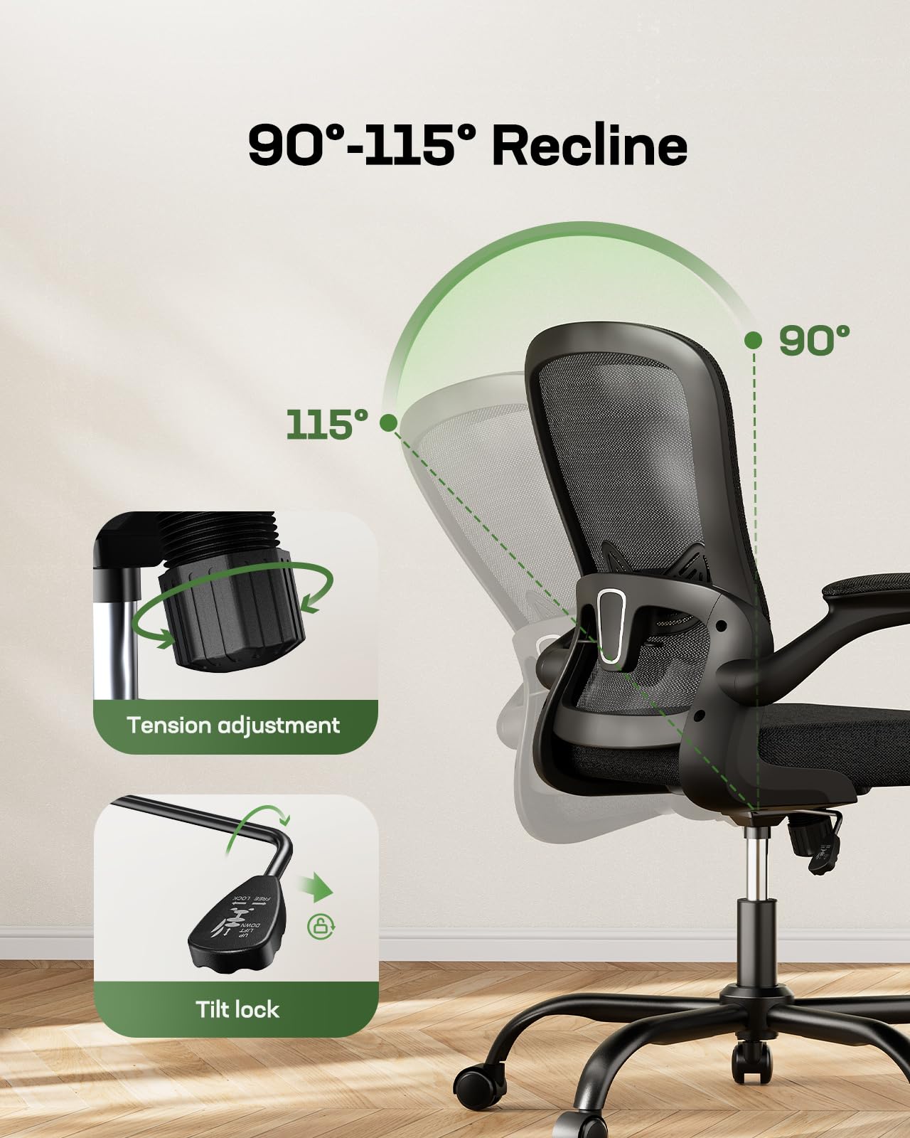 Marsail Office Chair Ergonomic-Desk Chair: Mesh Back Home Office Chair with Adjustable Lumbar Support, Computer Desk Chair with Flip-up Armrests Swivel Home Office Task Chair(Black)