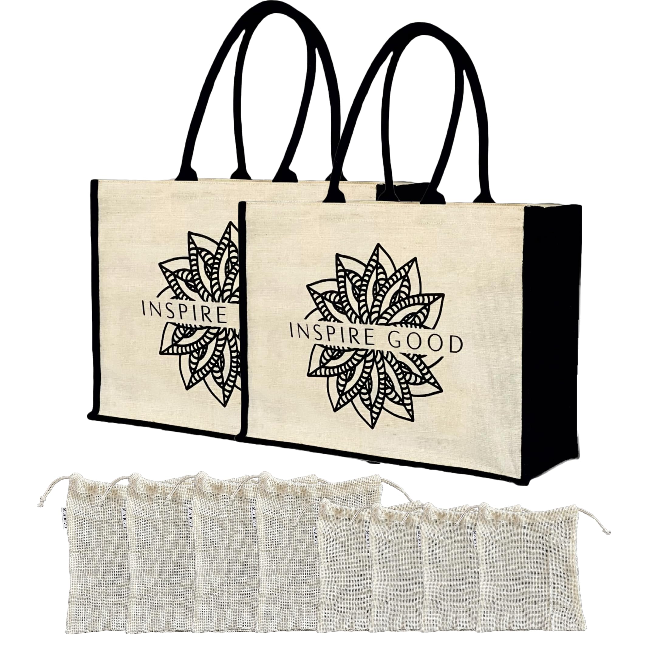 MARVI TOTE BAG - Juco/Burlap Shopping, Beach, Travel Bag, Gift | Eco-friendly, Reusable | Cotton Mesh Drawstring Grocery Bags (1 Pack)