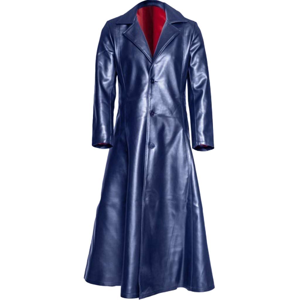 Mens Retro Leather Vintage Long Coat Trench Steampunk Gothic Jacket Overcoat (L, Dark Blue)
