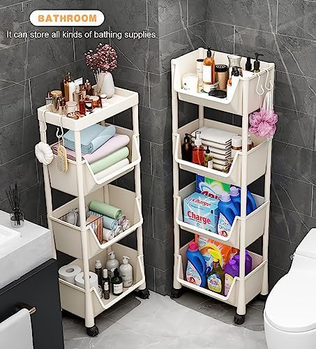Miyxsin 4-Tier Detachable Plastic Storage Rack,Movable storage cart with Wheels,Multi-Functional Rolling Utility Car Storage Rack,Simple display bookshelf suitable for living room(without Cover)