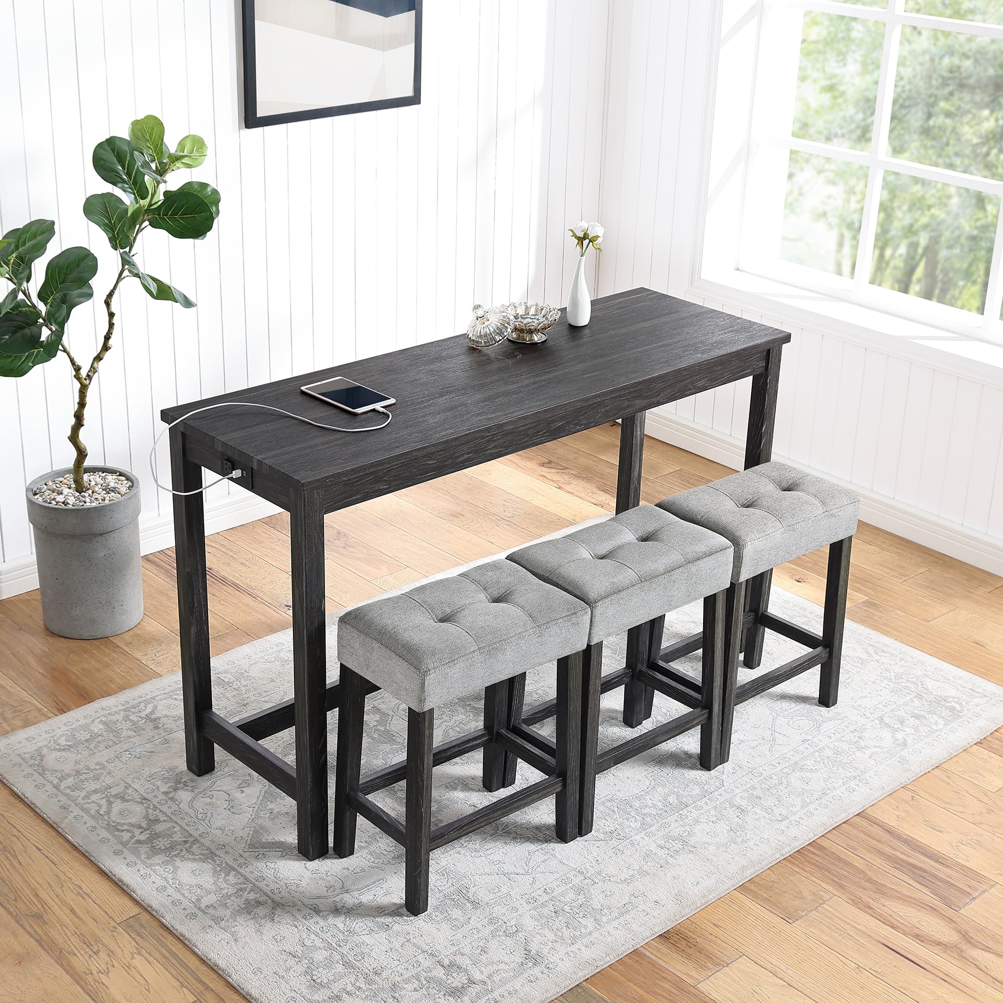 Merax 4 Piece Bar Table Set with Power Outlet,Dining Bar Table and Chairs Set,Industrial Breakfast Table with 3 Padded Stools,for Living Room, Dining Room, Game Room(Gray)