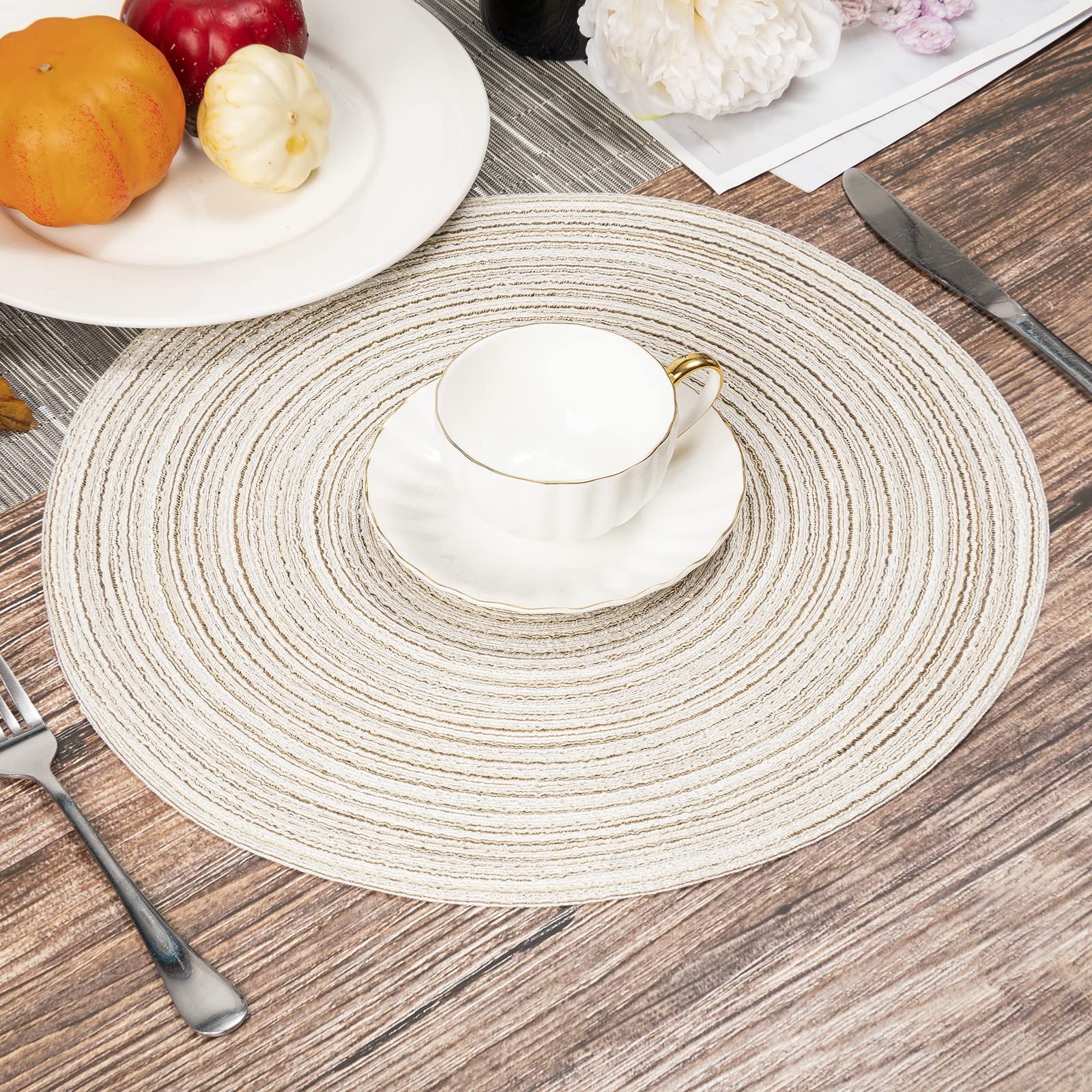 SHACOS Round Placemats Set of 6 Braided Circle Place Mat Washable 15 inch Table Mats for Kitchen Dining Table Mixed Color (Ivory, 6)